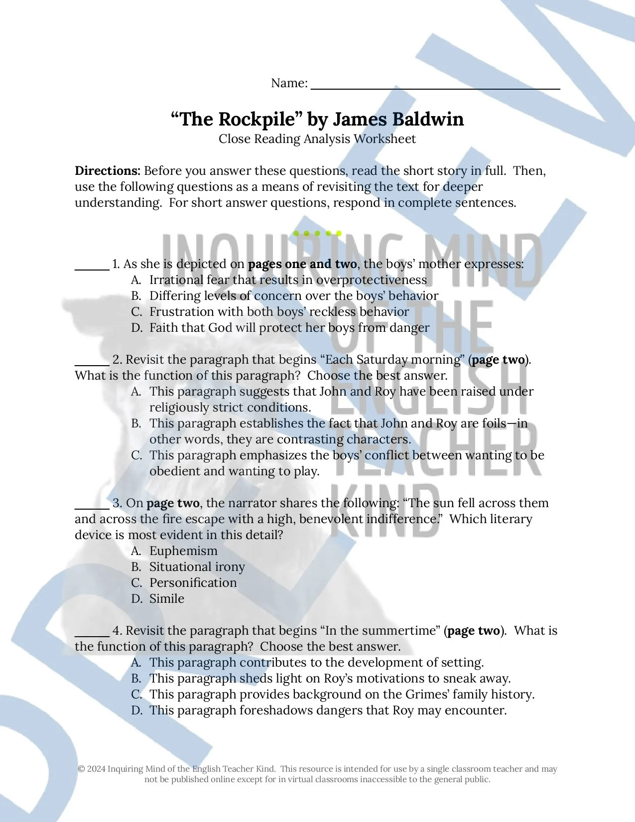 "The Rockpile" by James Baldwin Quiz, Close Reading, and Vocabulary ...