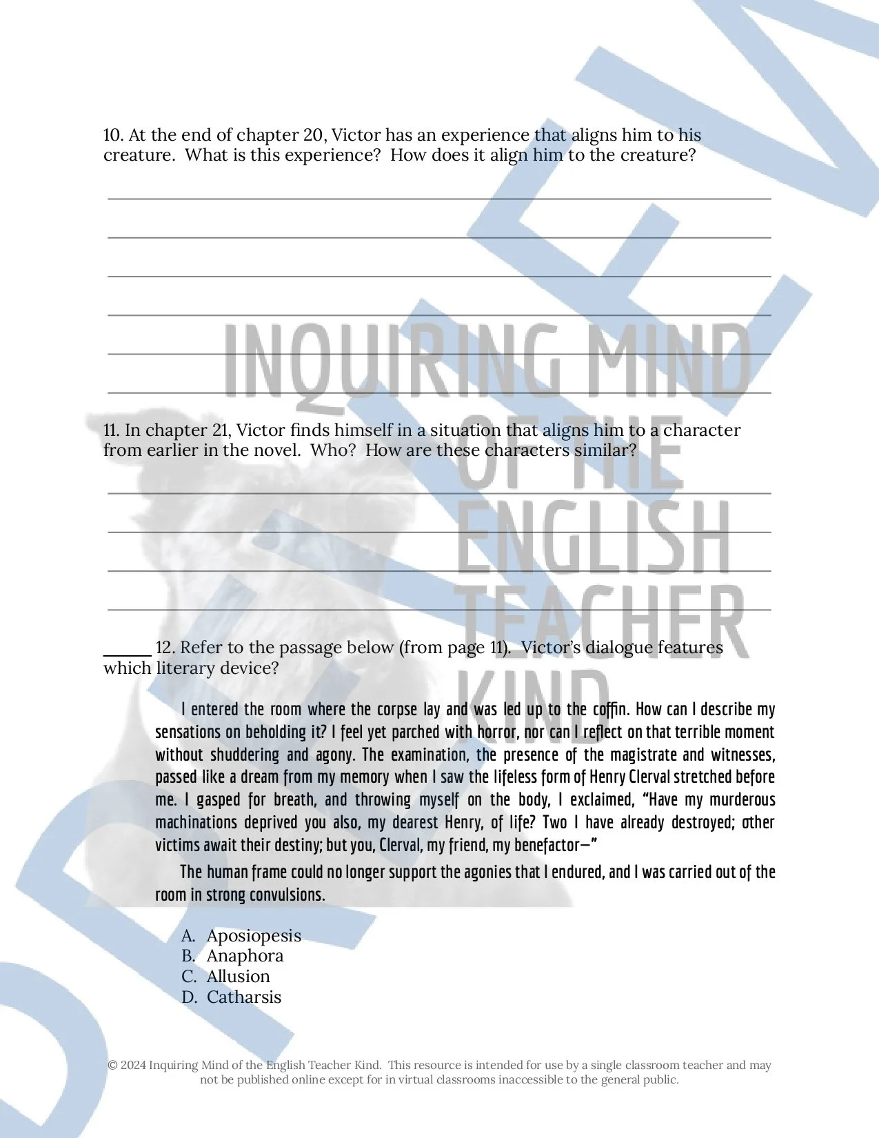 Frankenstein by Mary Shelley Close Reading Analysis Worksheets Bundle ...