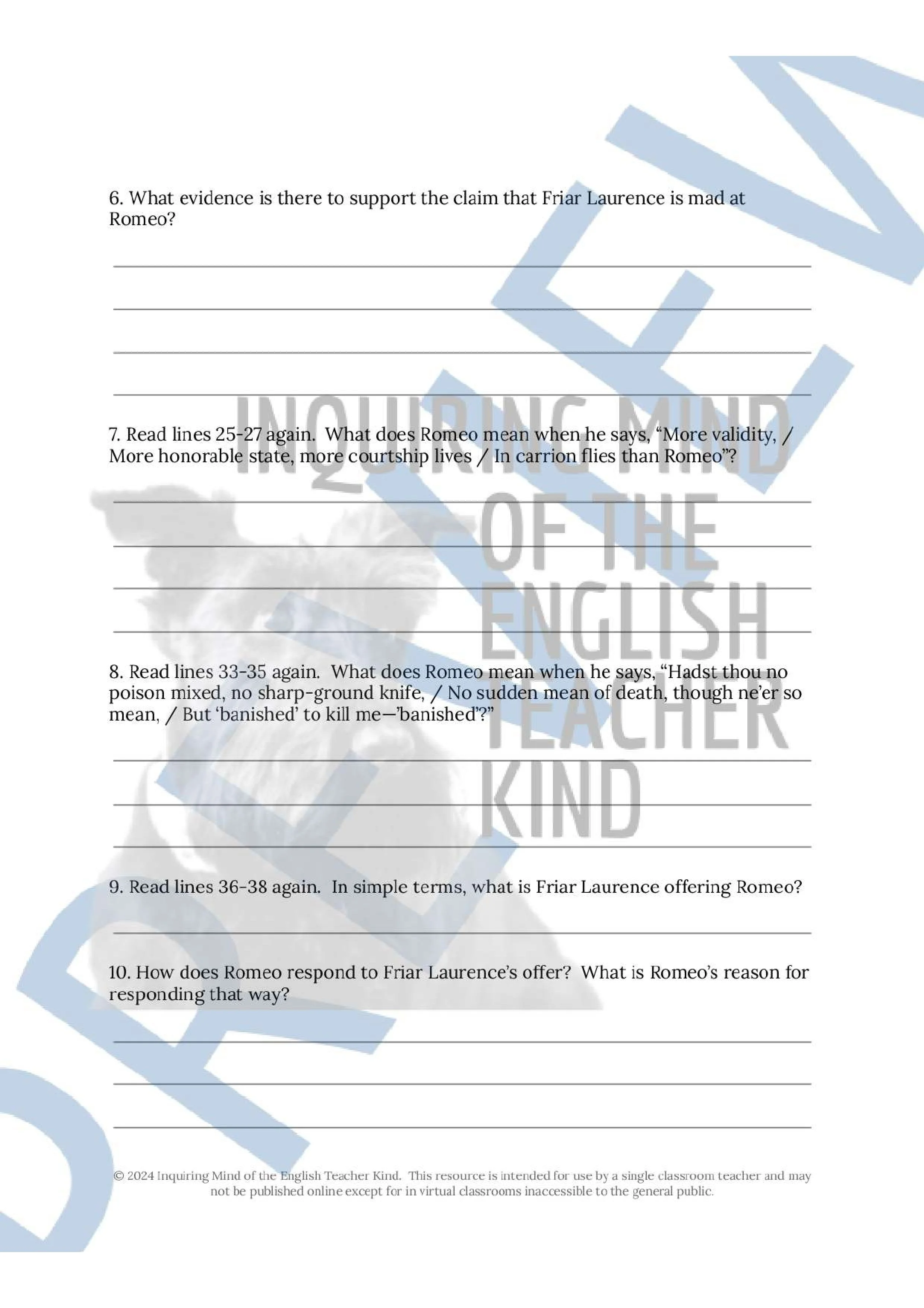 Romeo and Juliet Close Reading Analysis Worksheets Bundle with Answer ...