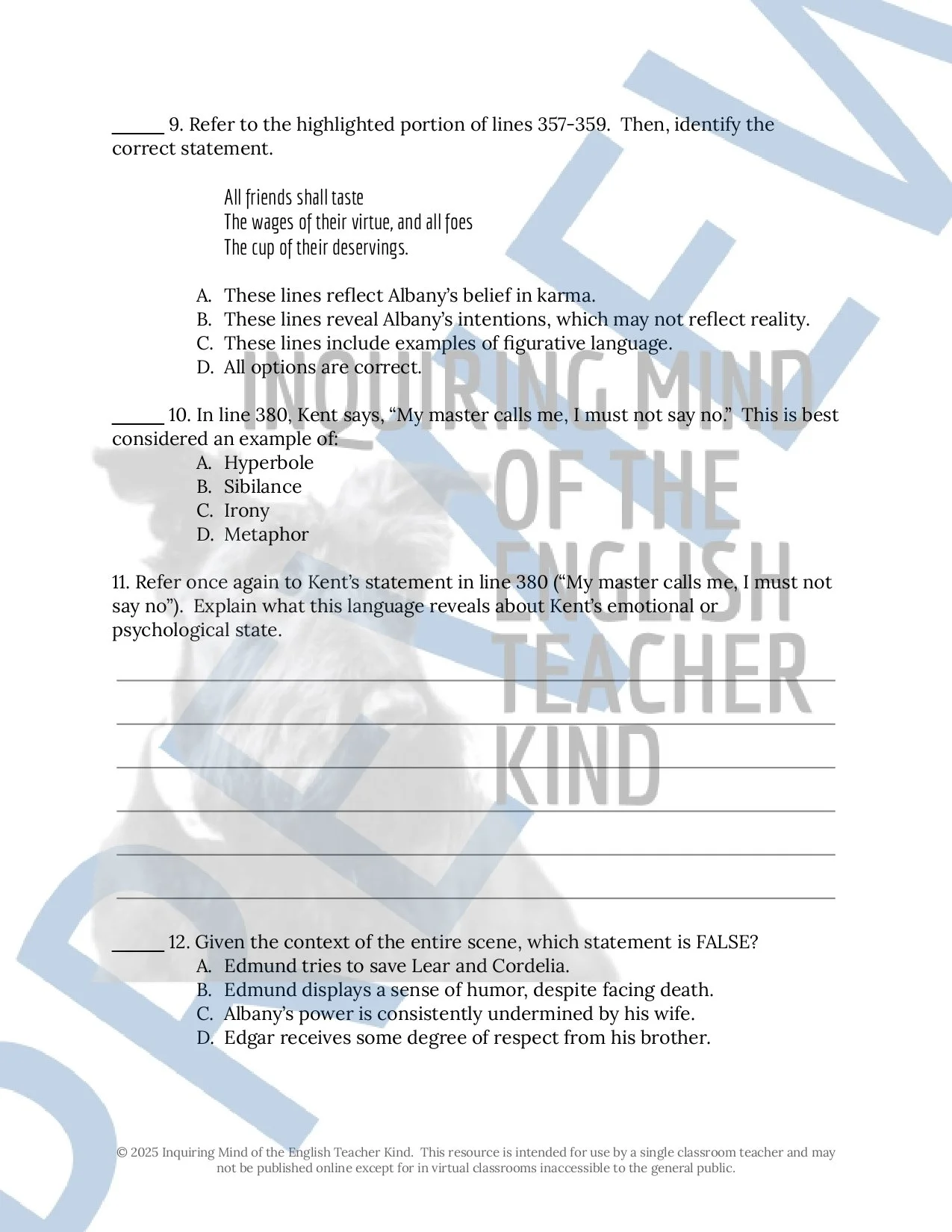 King Lear Quizzes, Vocabulary Games, Inference Worksheets, Test, and ...