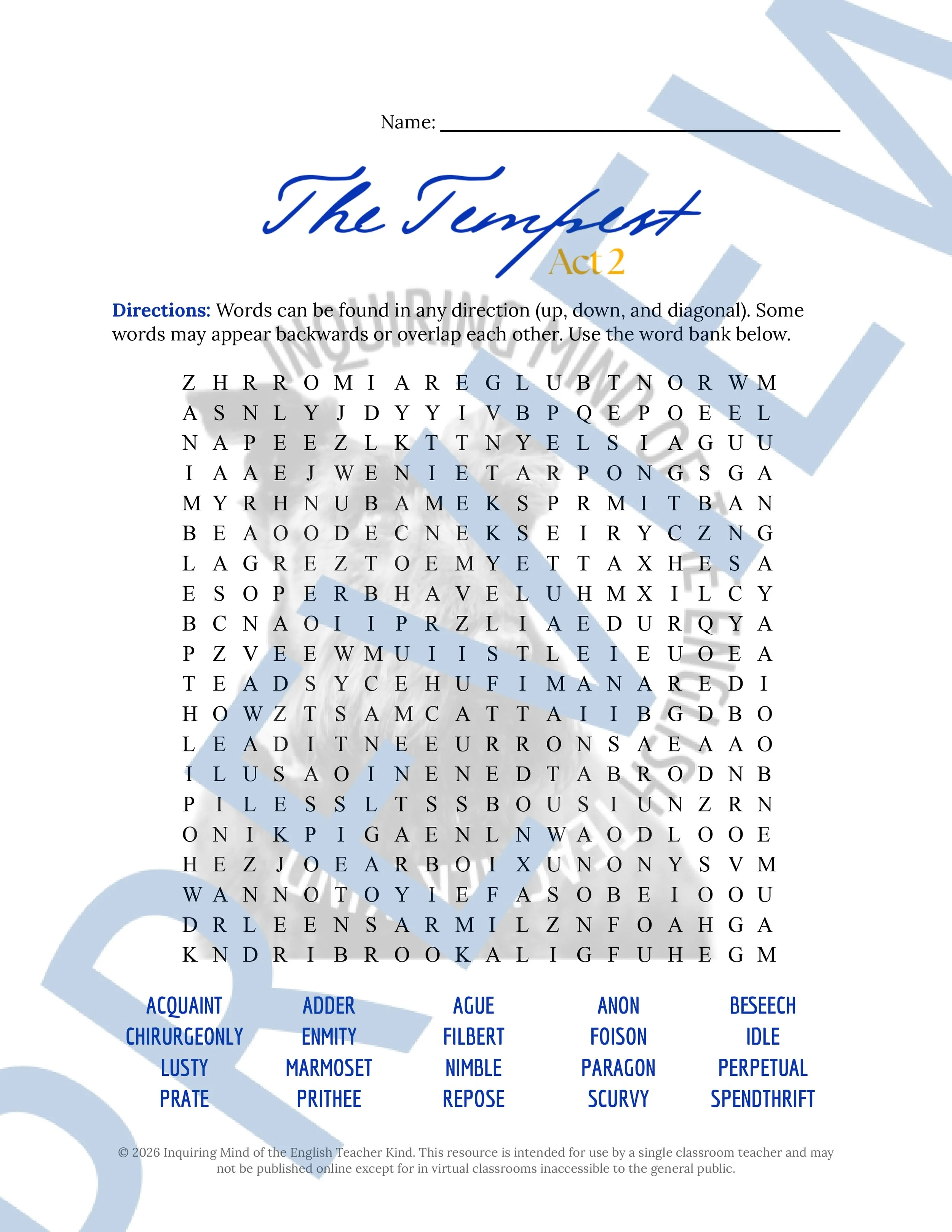 Shakespeare's The Tempest Act 2 Quiz, Analysis Worksheets, Vocabulary ...