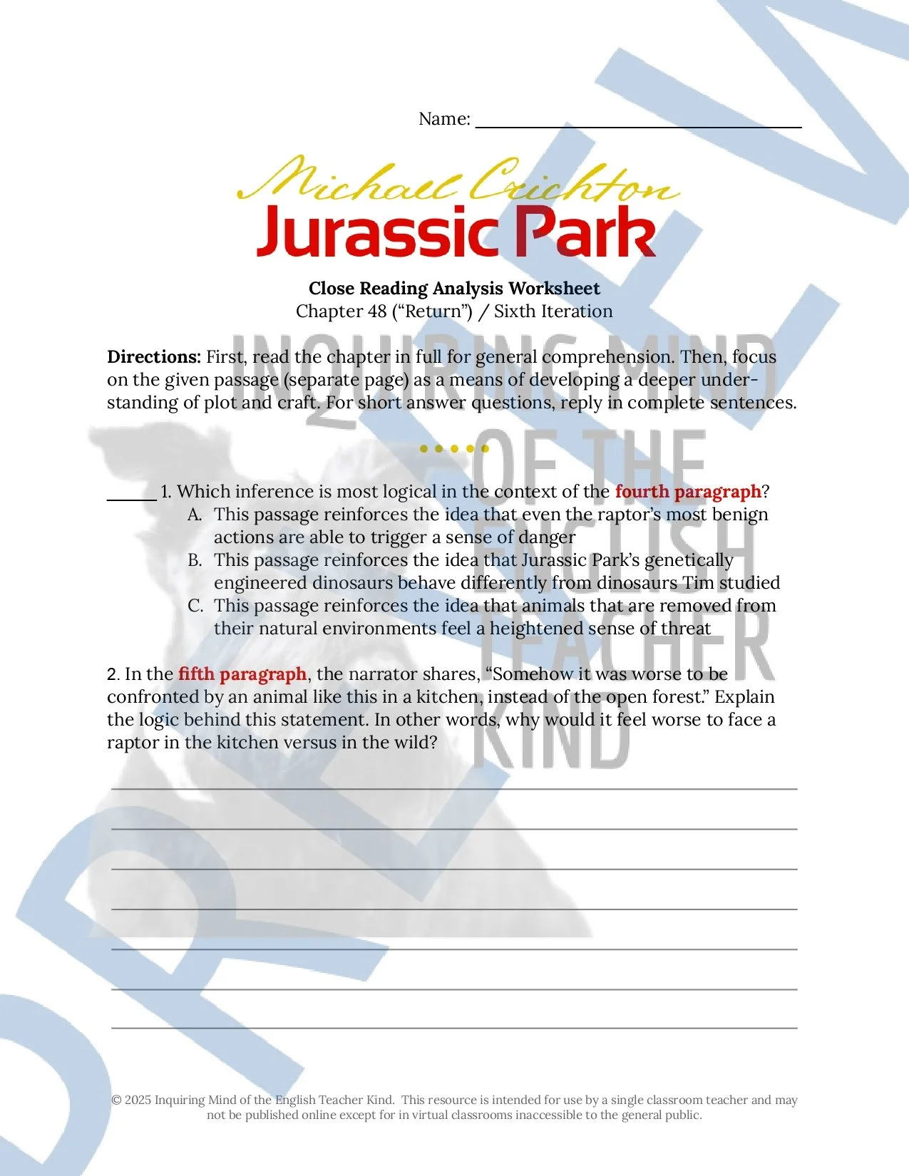 Jurassic Park Quizzes, Analysis Worksheets, Vocabulary Games, Project ...