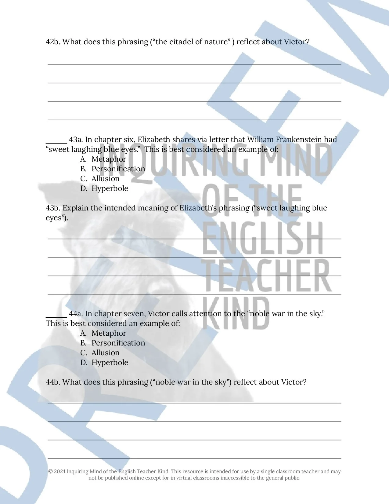 Frankenstein by Mary Shelley Test and Answer Key for High School ...