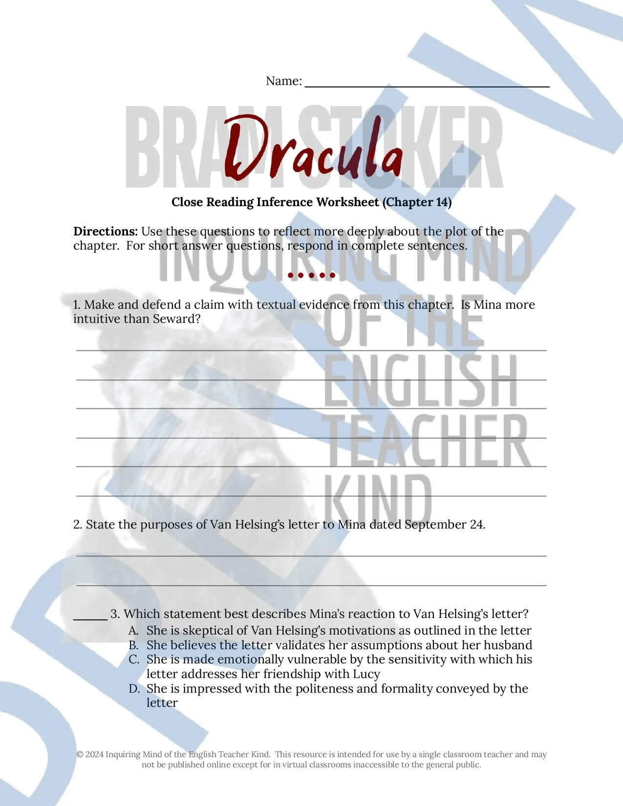 Dracula by Bram Stoker Chapters 14-17 Quiz, Close Reading Inference ...