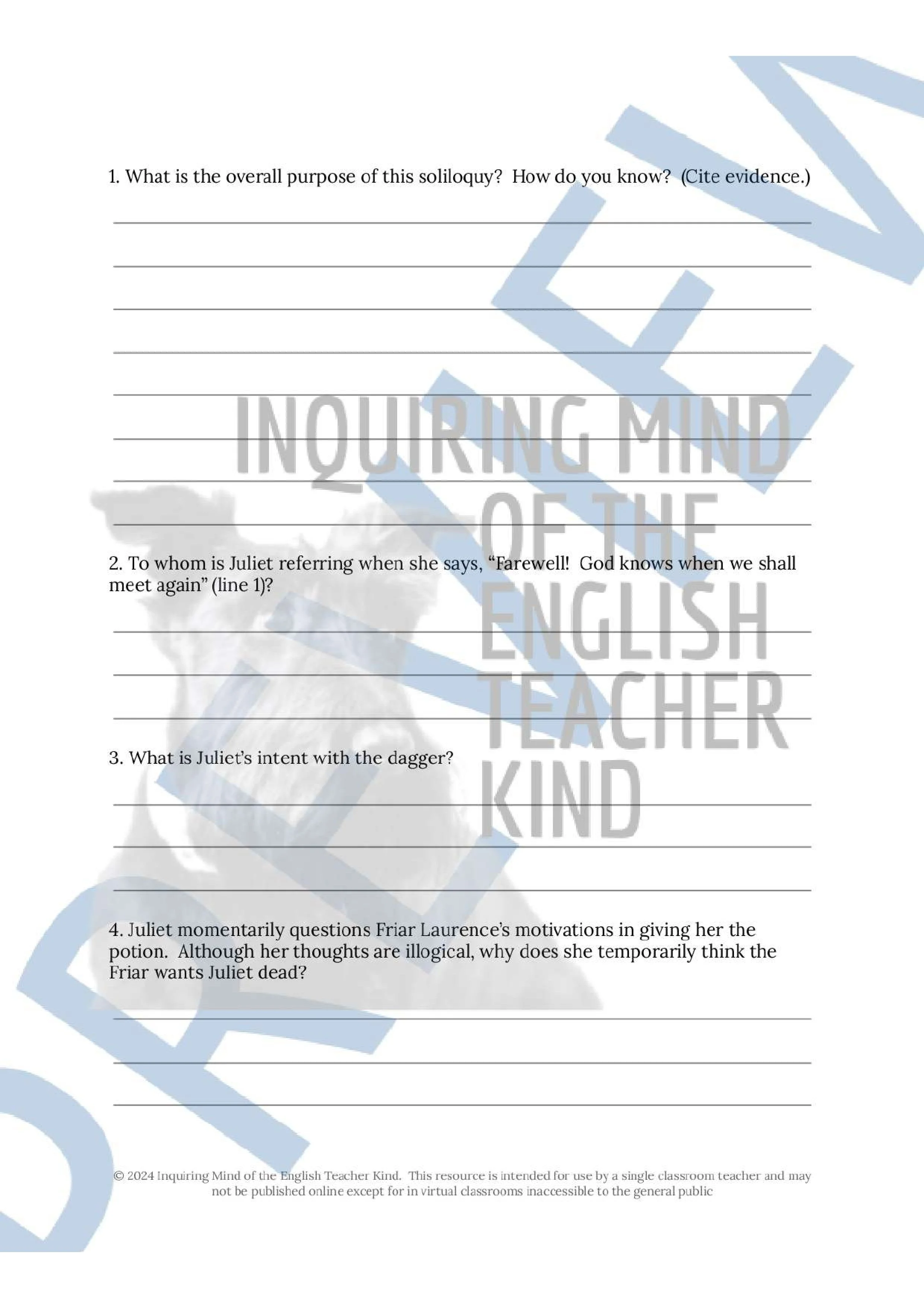 Romeo and Juliet Close Reading Analysis Worksheets Bundle with Answer ...