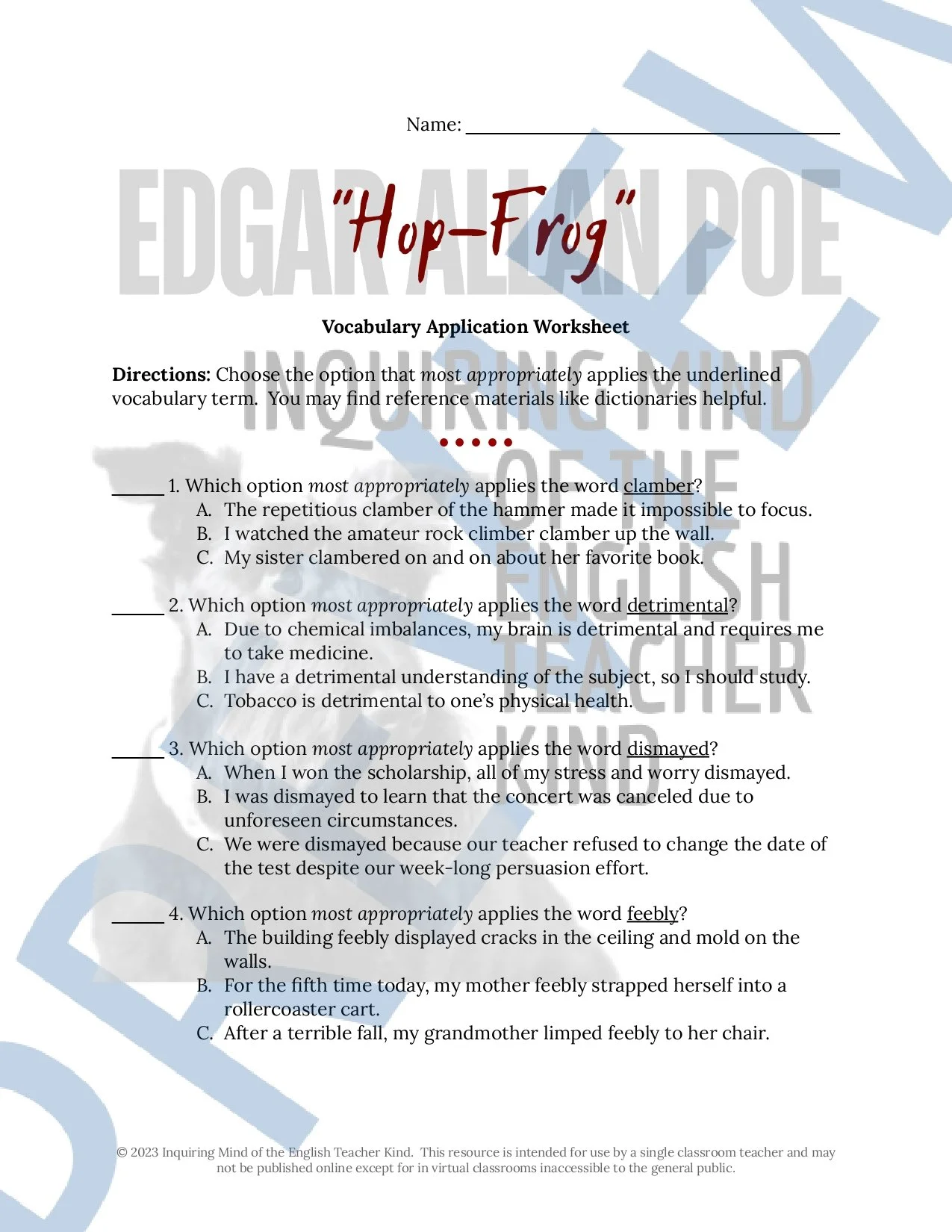 "Hop Frog" by Edgar Allan Poe Quiz, Close Reading Worksheets, and ...