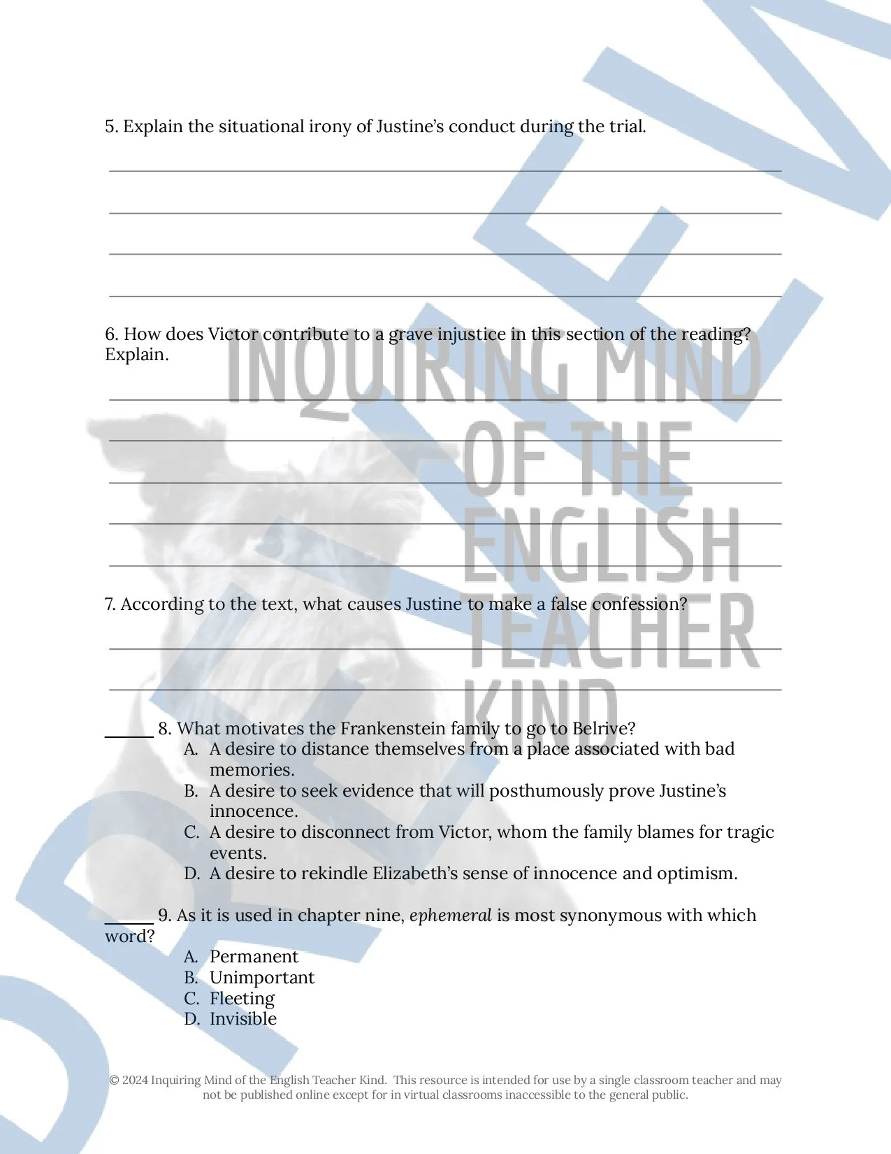 Frankenstein by Mary Shelley Chapters 7-9 Quiz, Close Reading Worksheet ...