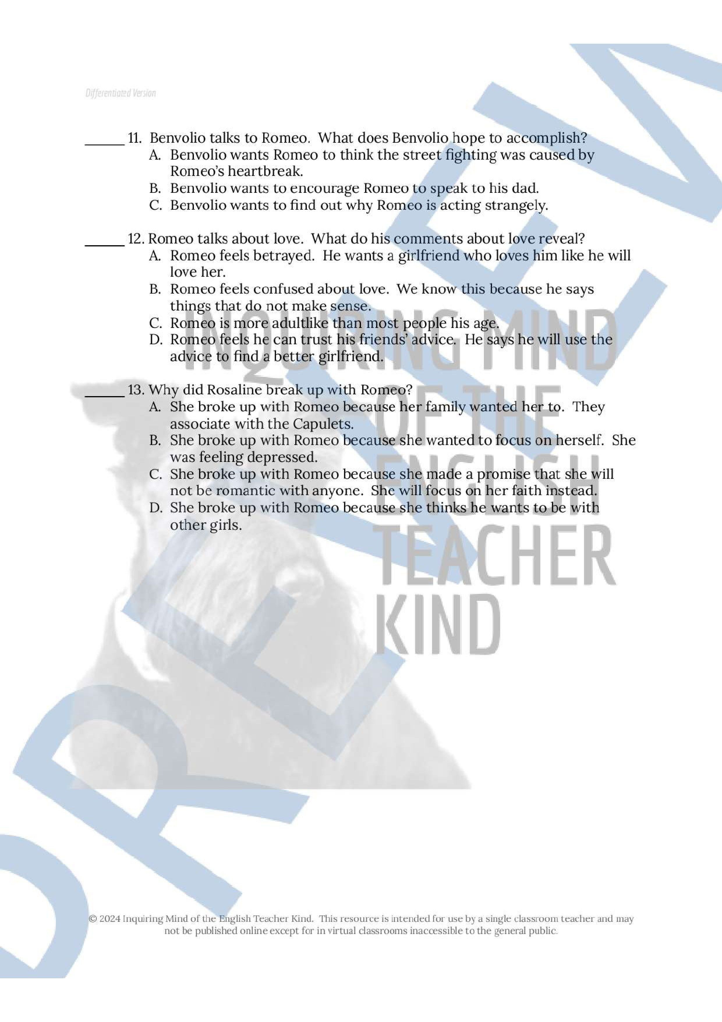 Romeo and Juliet Close Reading Analysis Worksheets Bundle with Answer ...