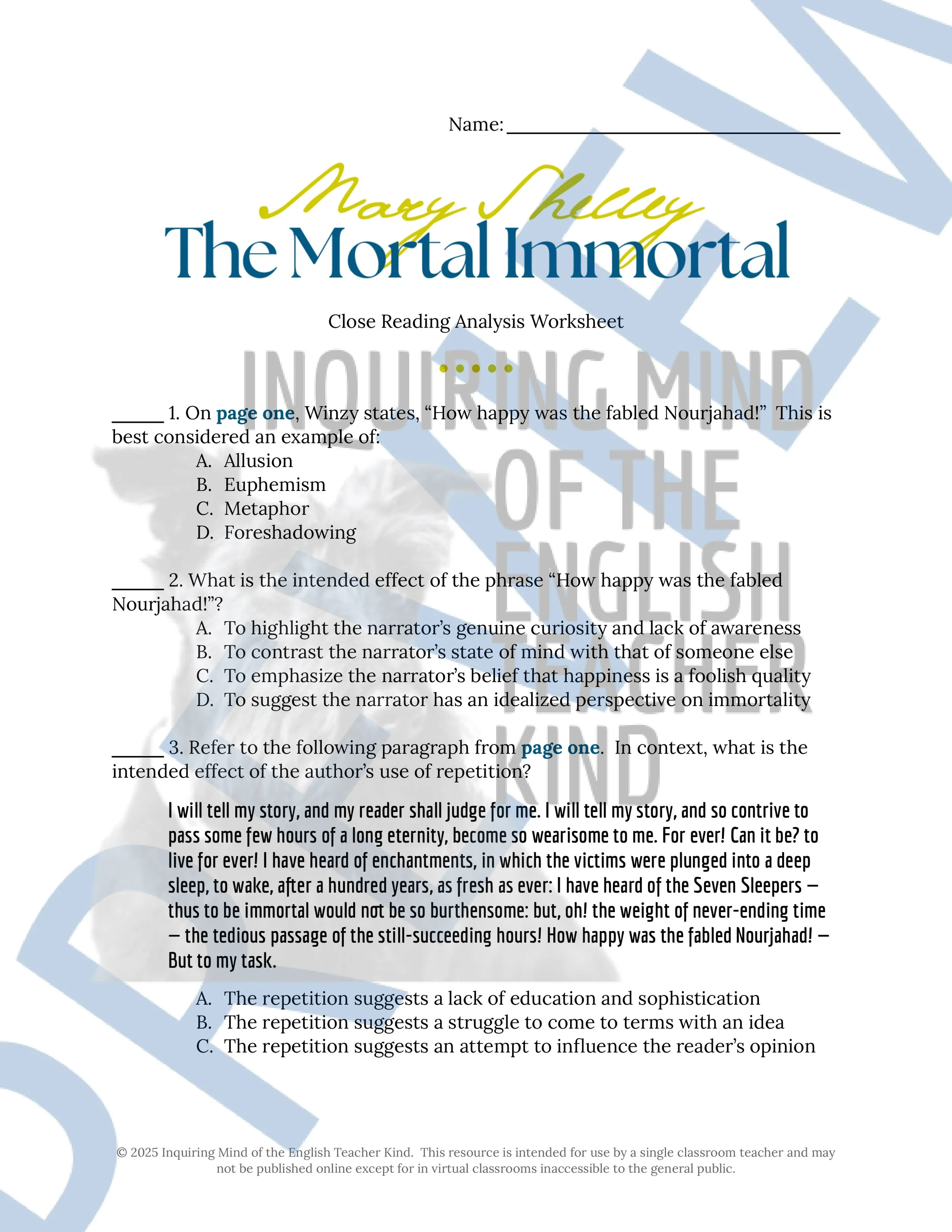 "The Mortal Immortal" by Mary Shelley Quiz, Close Reading, and ...
