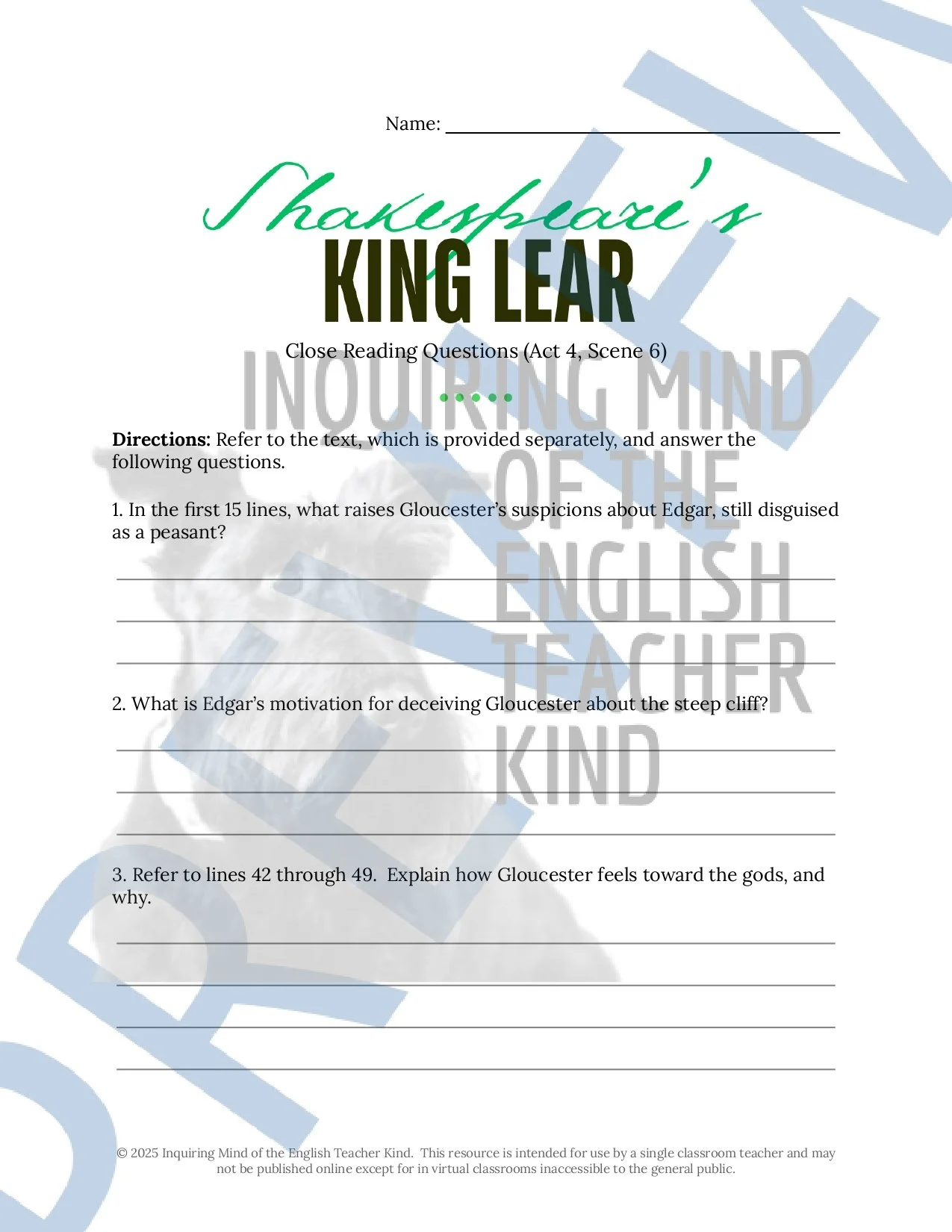 King Lear Quizzes, Vocabulary Games, Inference Worksheets, Test, and ...