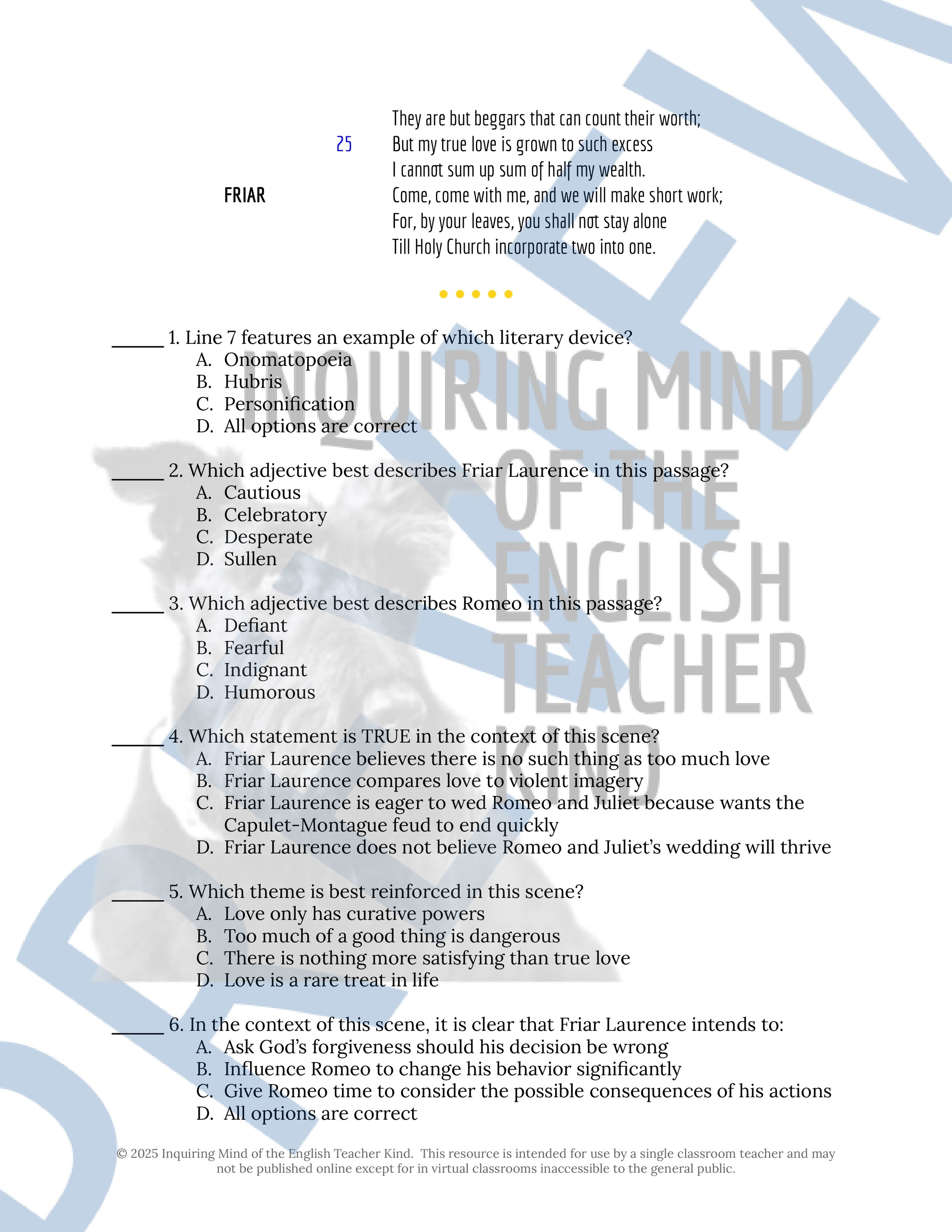 Romeo and Juliet Reading Guides, Vocabulary Games, Quizzes, Inference ...