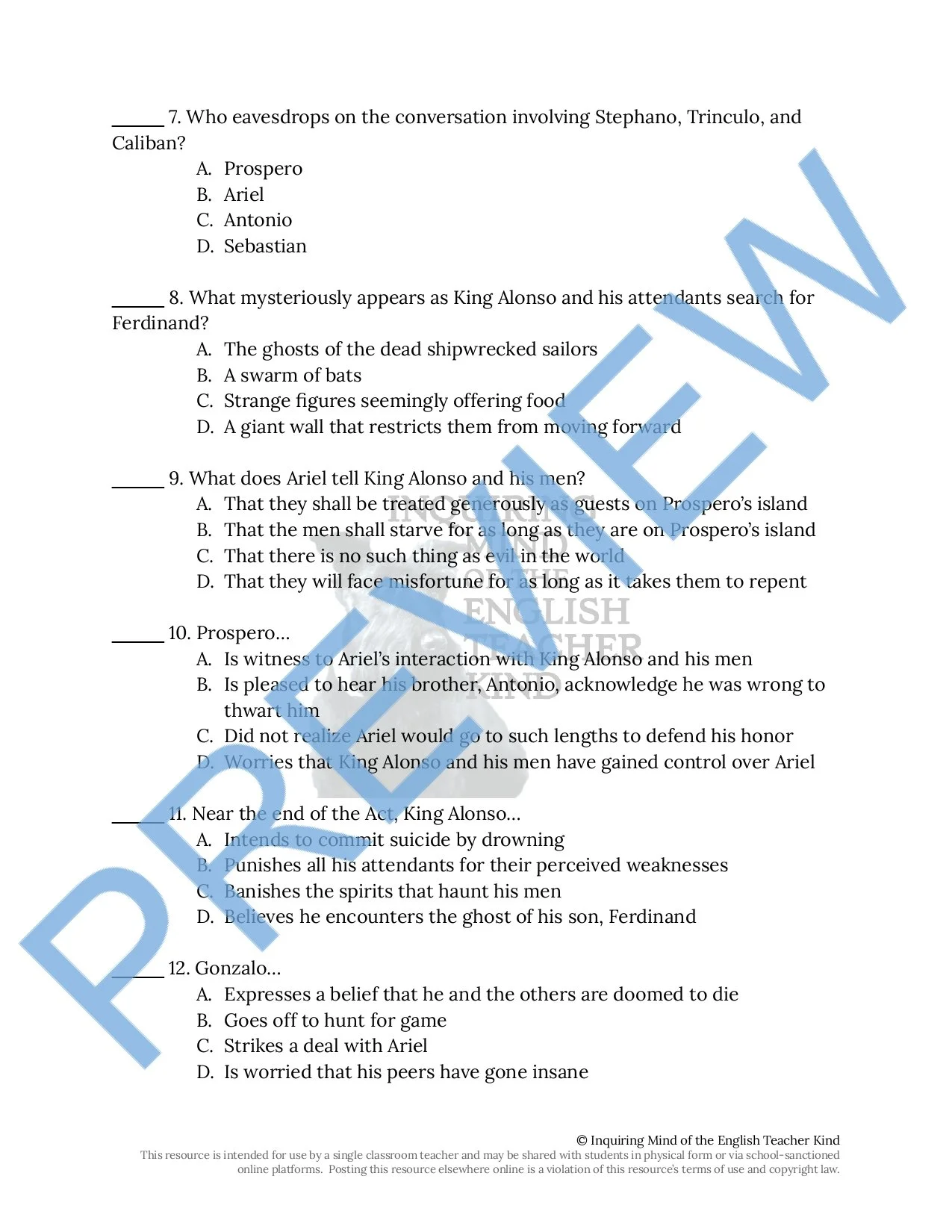 The Tempest Act 3 Quiz and Close Reading Worksheets Bundle — Inquiring ...