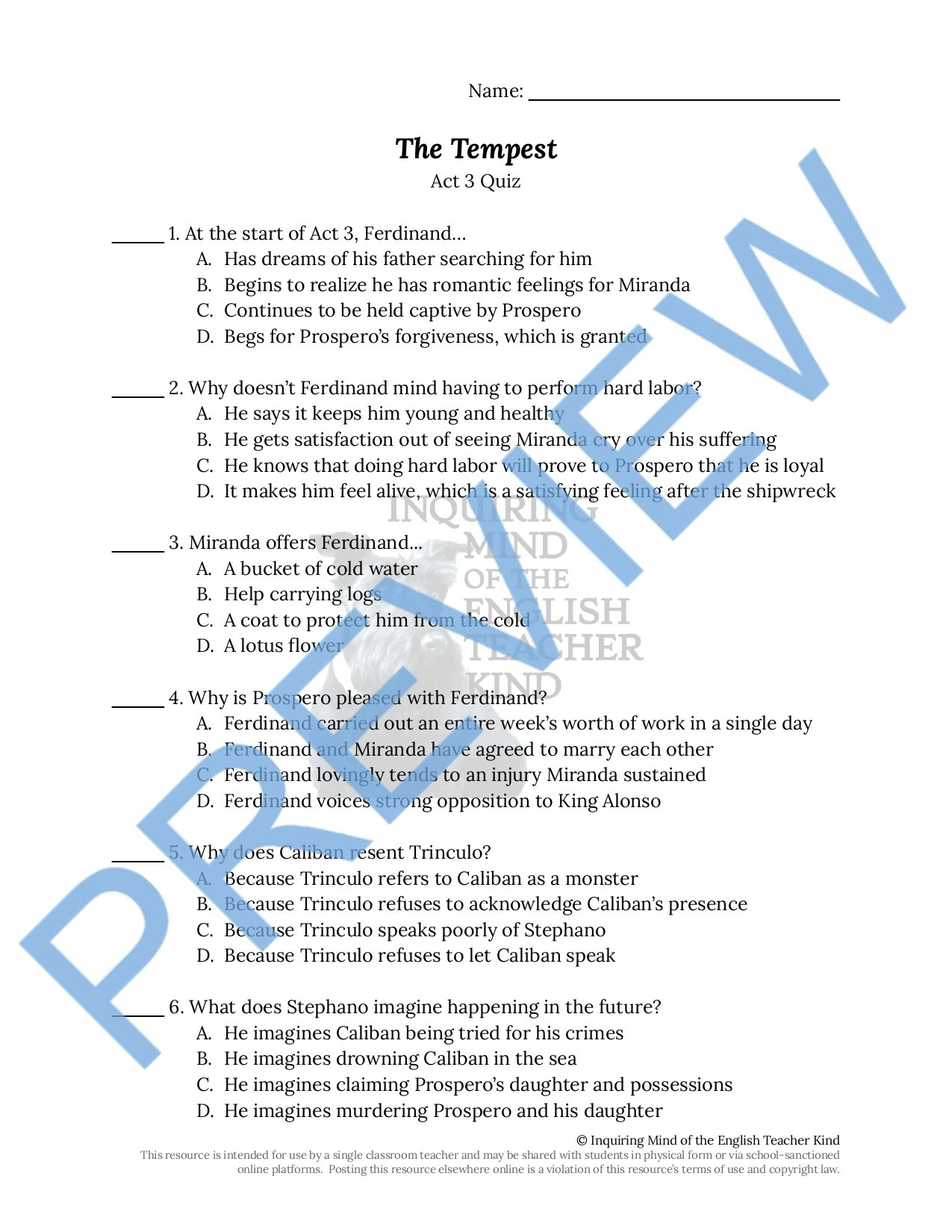 The Tempest Act 3 Quiz and Close Reading Worksheets Bundle — Inquiring ...