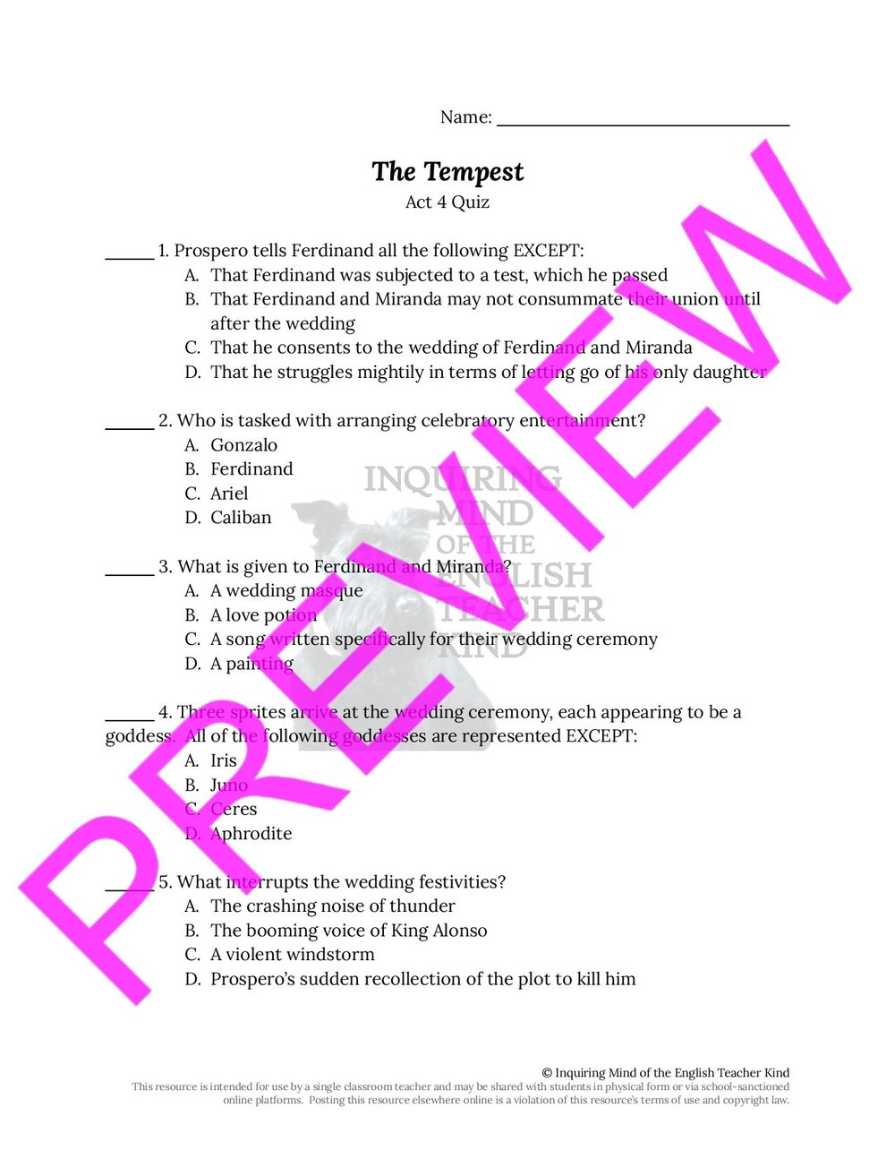 The Tempest Test and Answer Key - Inquiring Mind of the English Teacher ...