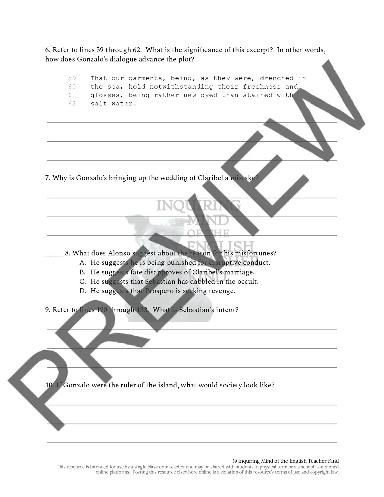 The Tempest Close Reading Worksheets Bundle - Inquiring Mind of the ...