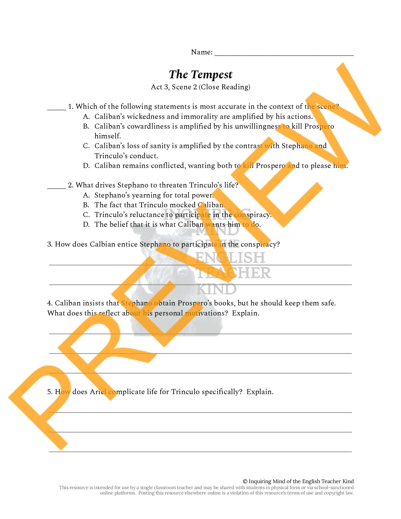 The Tempest Close Reading Worksheets Bundle - Inquiring Mind of the ...