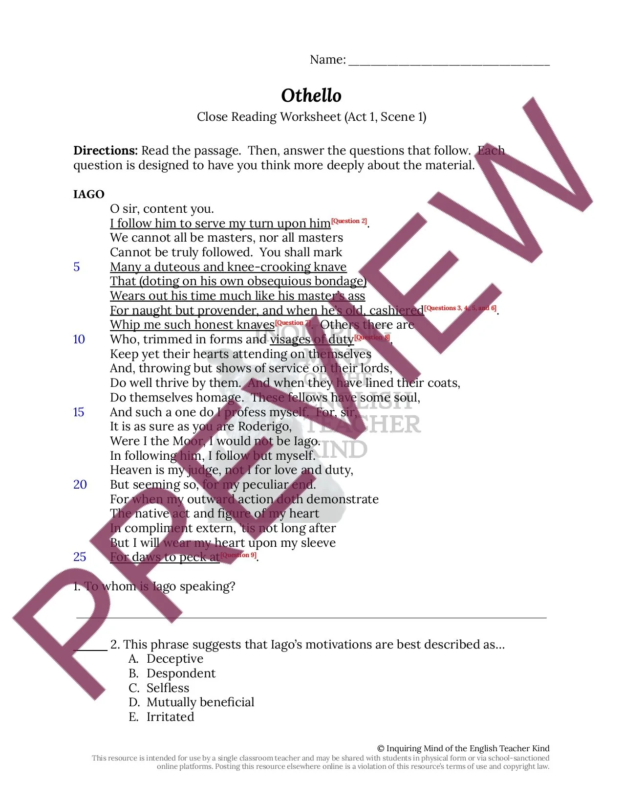 Othello Quiz and Close Reading Worksheets Bundle by Inquiring Mind of ...