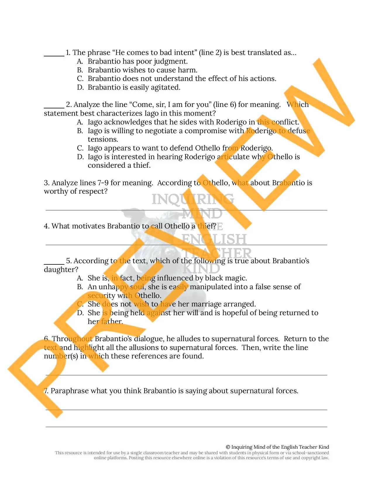 Othello Quiz and Close Reading Worksheets Bundle by Inquiring Mind of ...