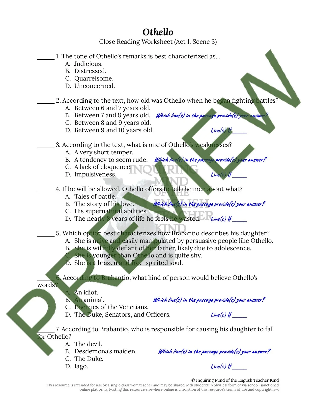 Othello Quiz and Close Reading Worksheets Bundle by Inquiring Mind of ...