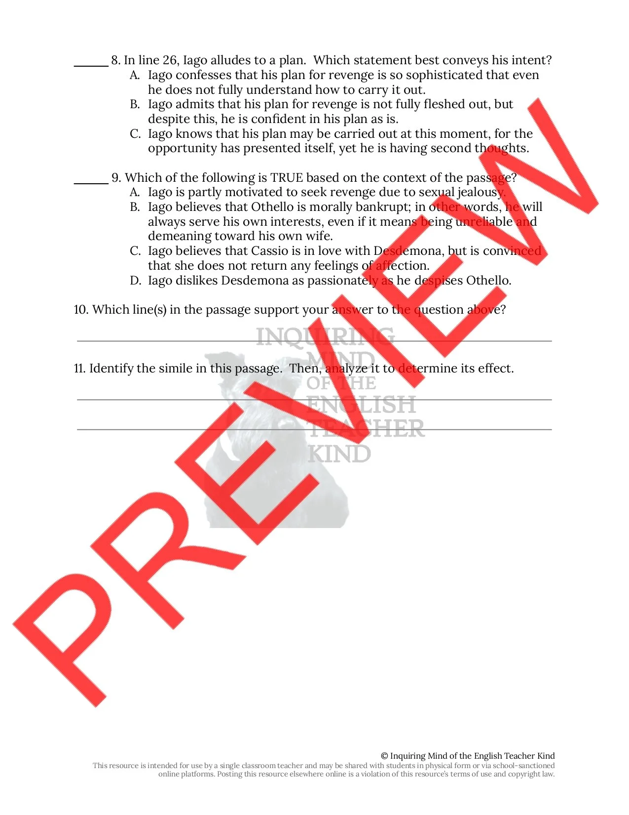 Othello Act 2 Quiz and Close Reading Worksheets Bundle by Inquiring ...