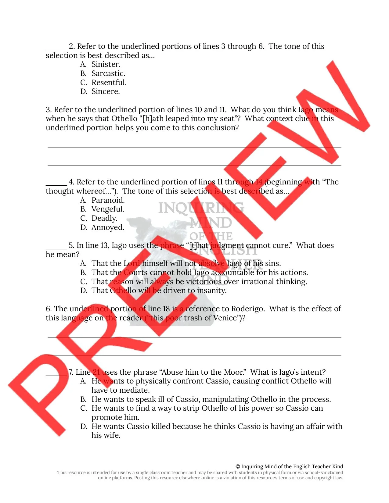 Othello Act 2 Quiz and Close Reading Worksheets Bundle by Inquiring ...