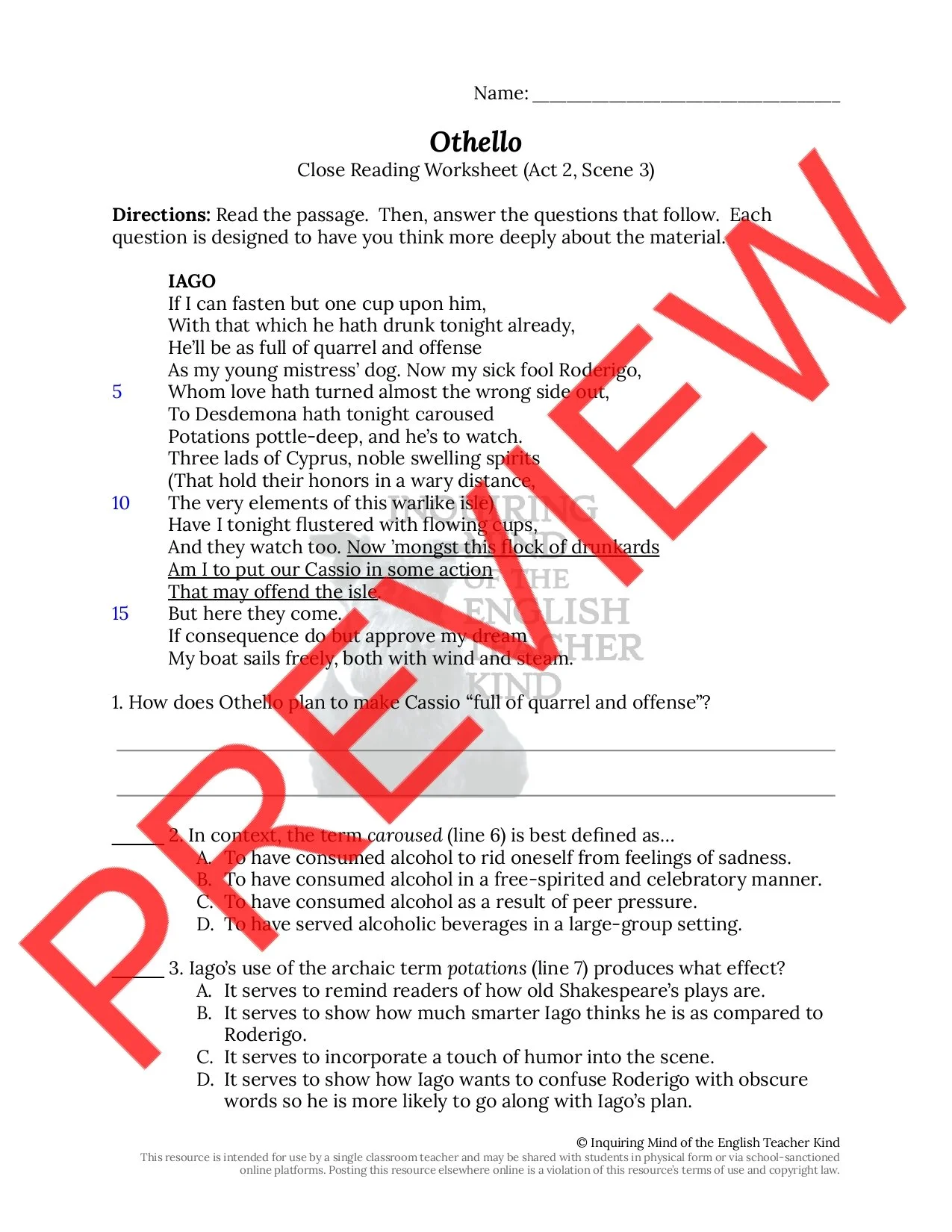 Othello Act 2 Quiz and Close Reading Worksheets Bundle by Inquiring ...