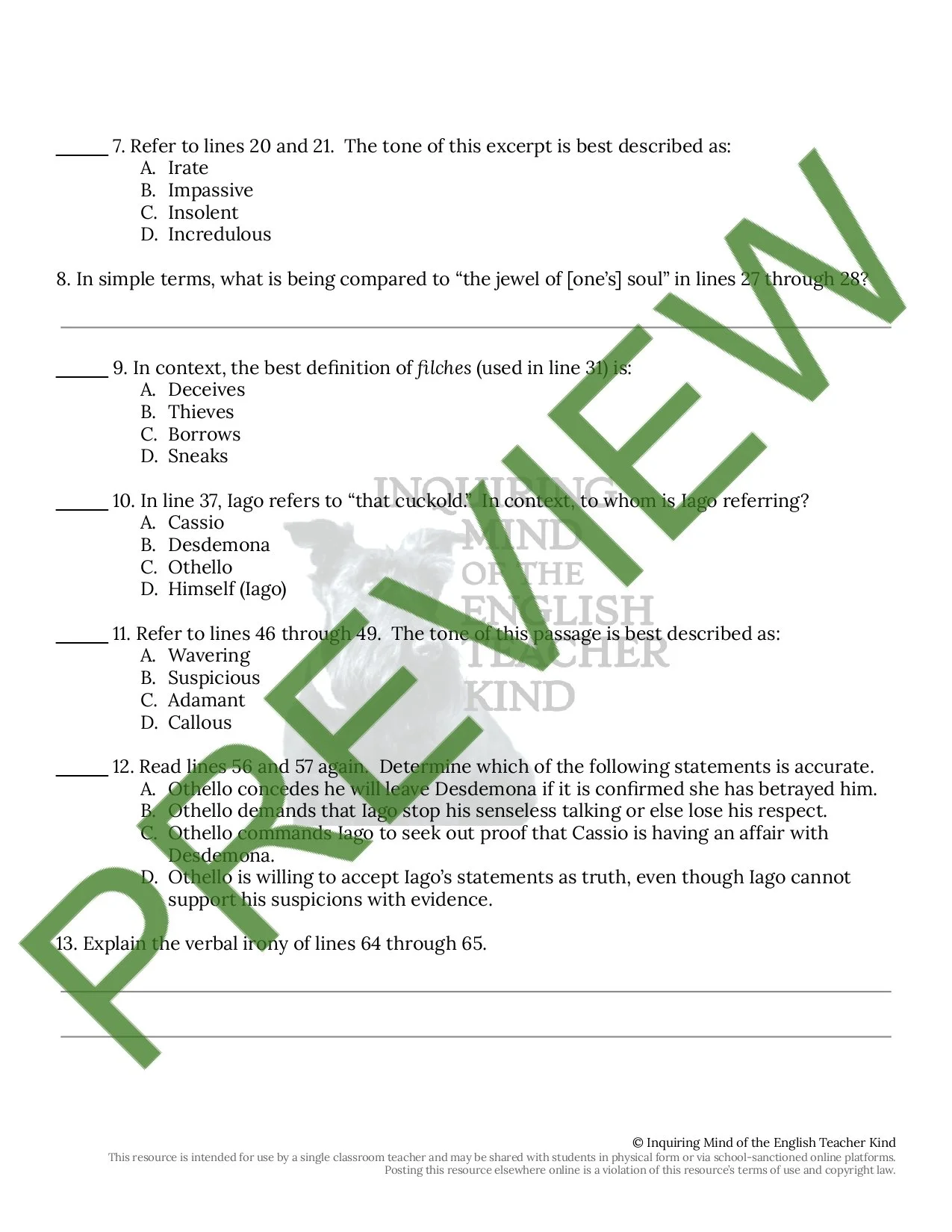 Othello Act 3 Quiz and Close Reading Worksheets Bundle by Inquiring ...