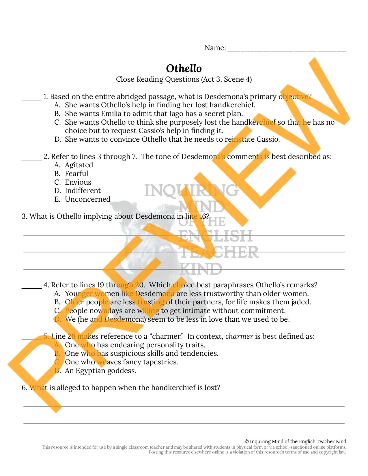 Othello Act 3 Quiz and Close Reading Worksheets Bundle by Inquiring ...