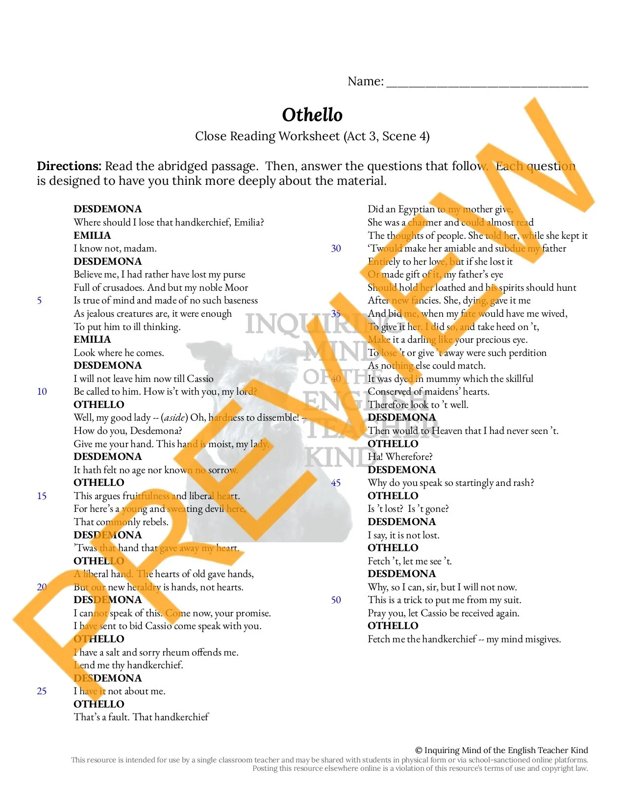 Othello Act 3 Quiz and Close Reading Worksheets Bundle by Inquiring ...