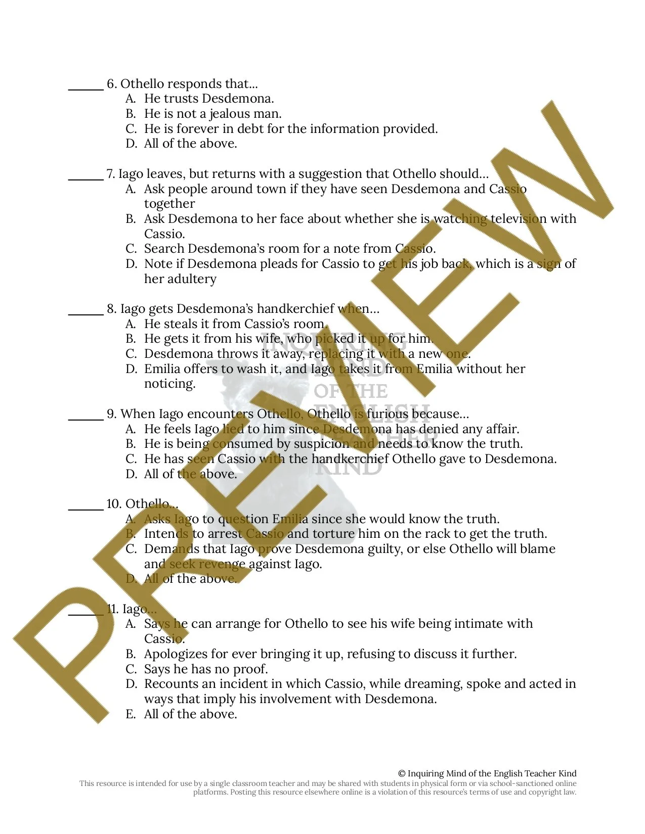 Othello Act 3 Quiz and Close Reading Worksheets Bundle by Inquiring ...