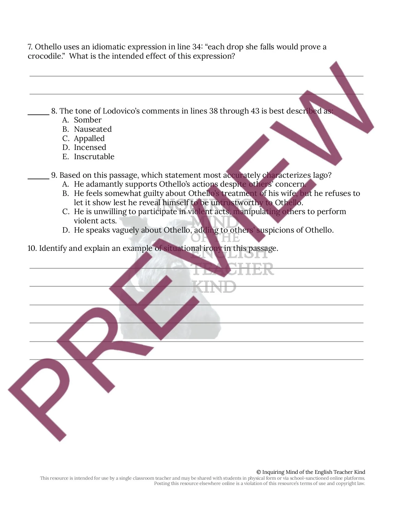 Othello Act 4 Quiz and Close Reading Analysis Worksheets Bundle ...