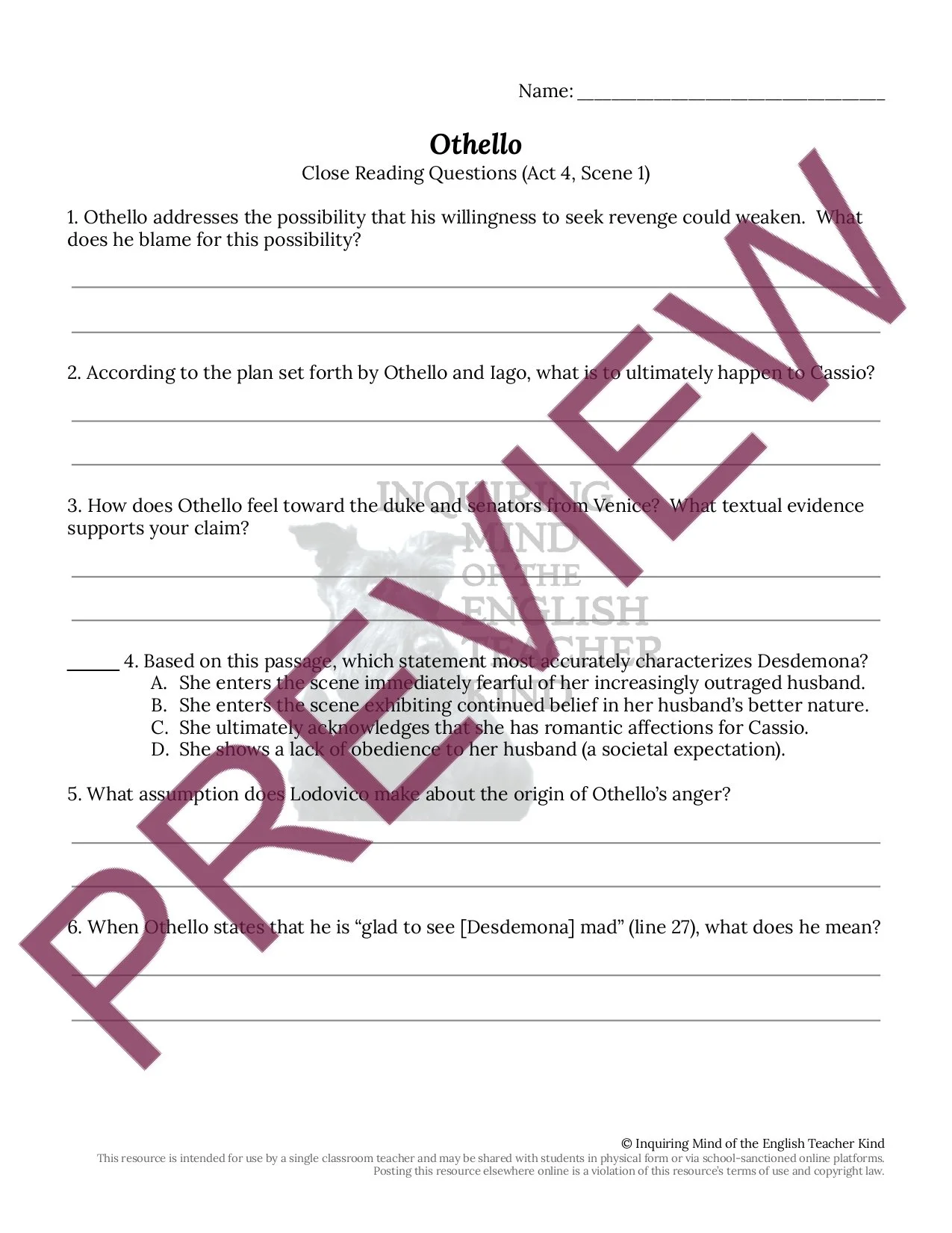 Othello Act 4 Quiz and Close Reading Analysis Worksheets Bundle ...
