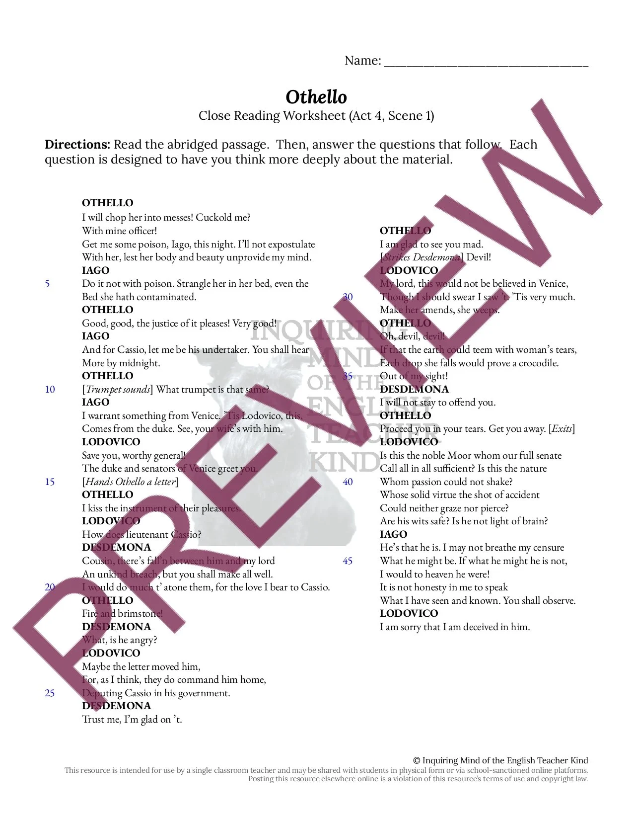 Othello Act 4 Quiz and Close Reading Analysis Worksheets Bundle ...