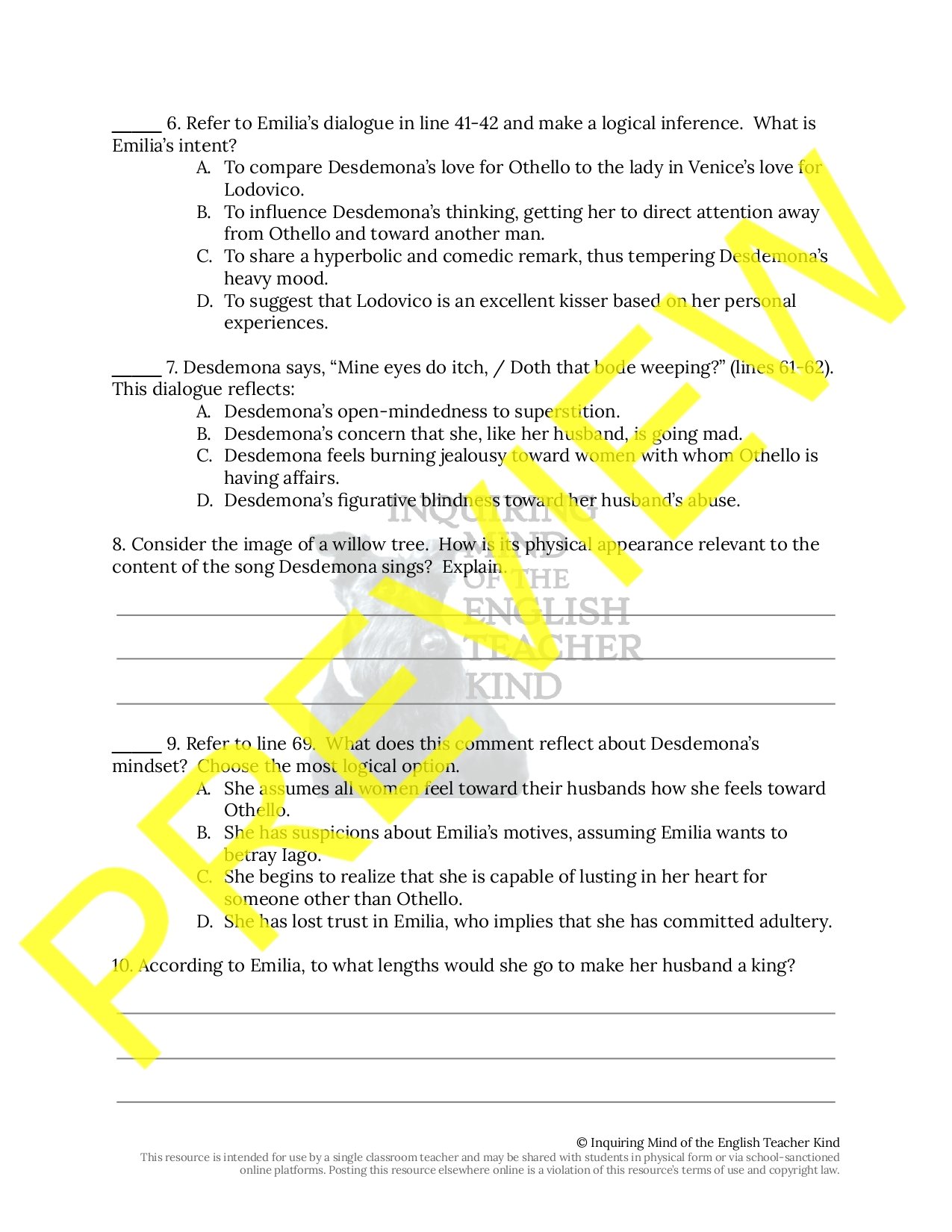 Othello Act 4 Quiz and Close Reading Analysis Worksheets Bundle ...