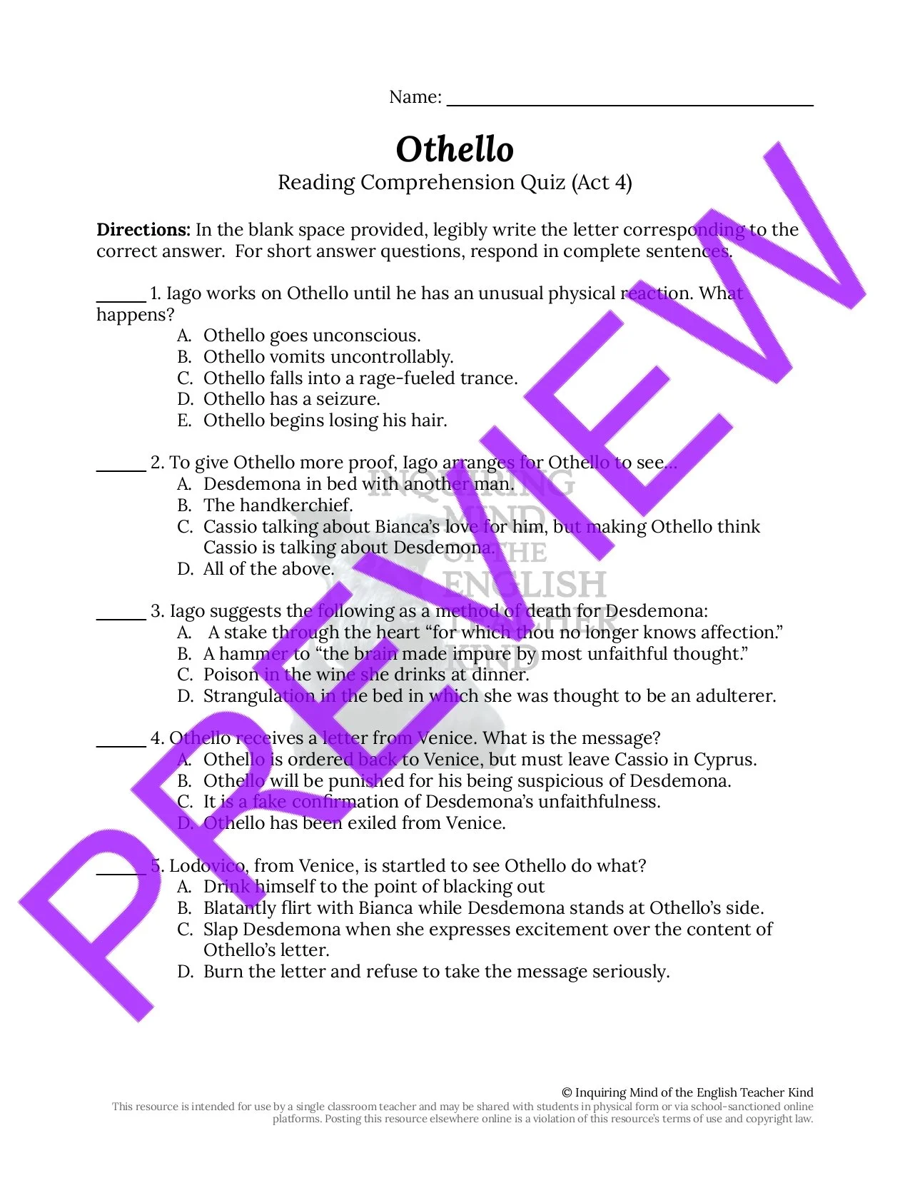 Othello Act 4 Quiz and Close Reading Analysis Worksheets Bundle ...
