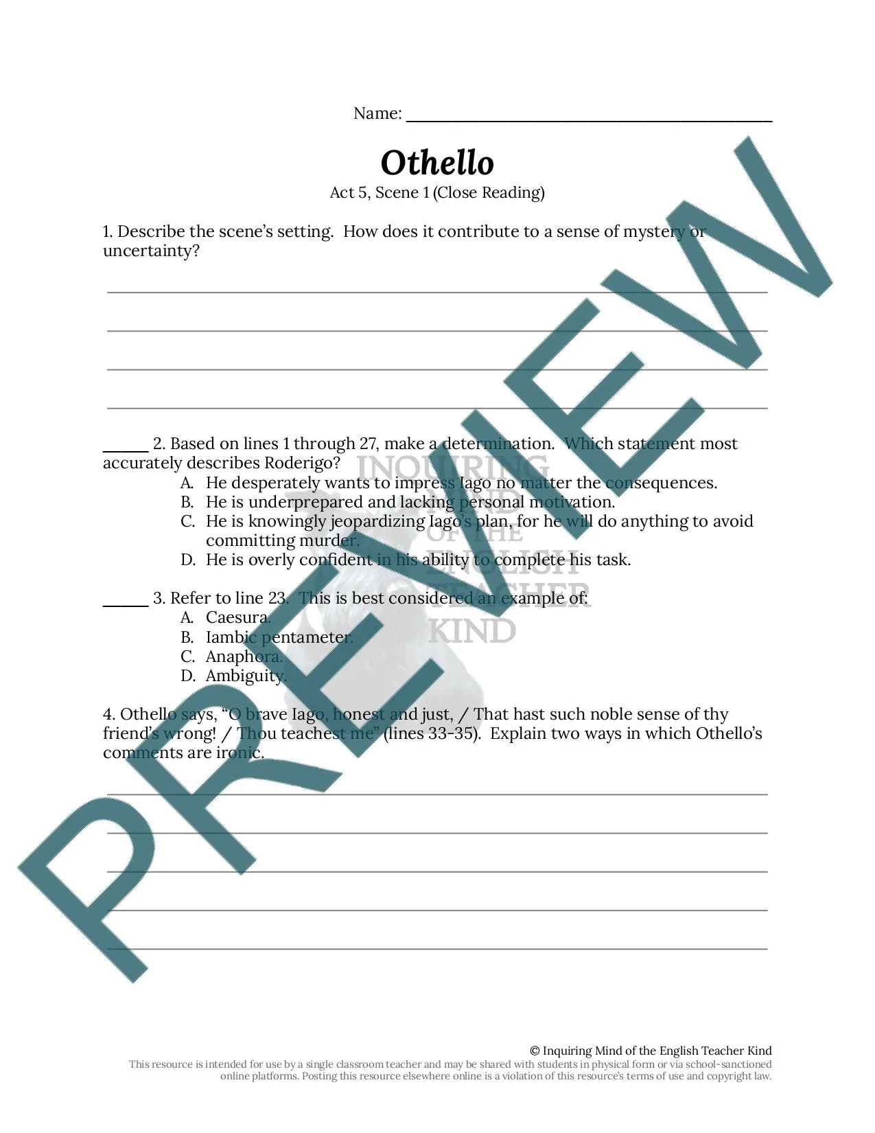 Othello Act 5 Quiz and Close Reading Worksheets Bundle by Inquiring ...