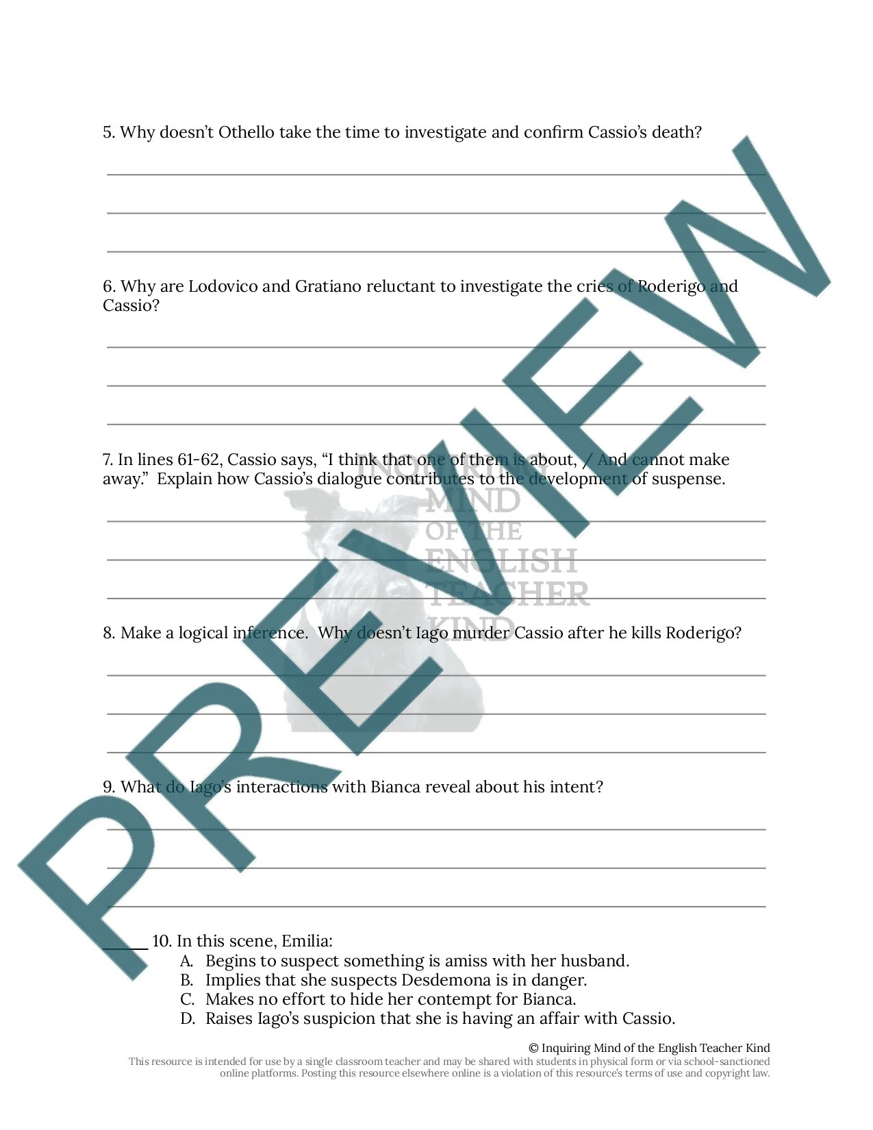 Othello Act 5 Quiz and Close Reading Worksheets Bundle by Inquiring ...