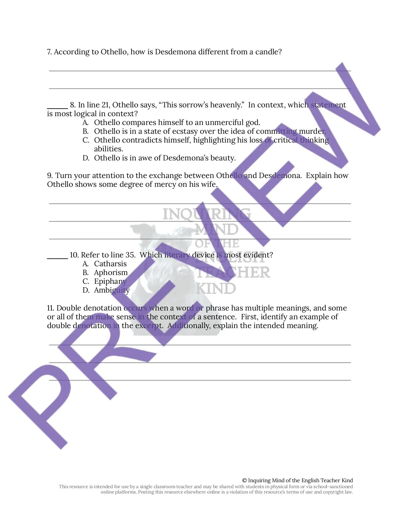 Othello Act 5 Quiz and Close Reading Worksheets Bundle by Inquiring ...