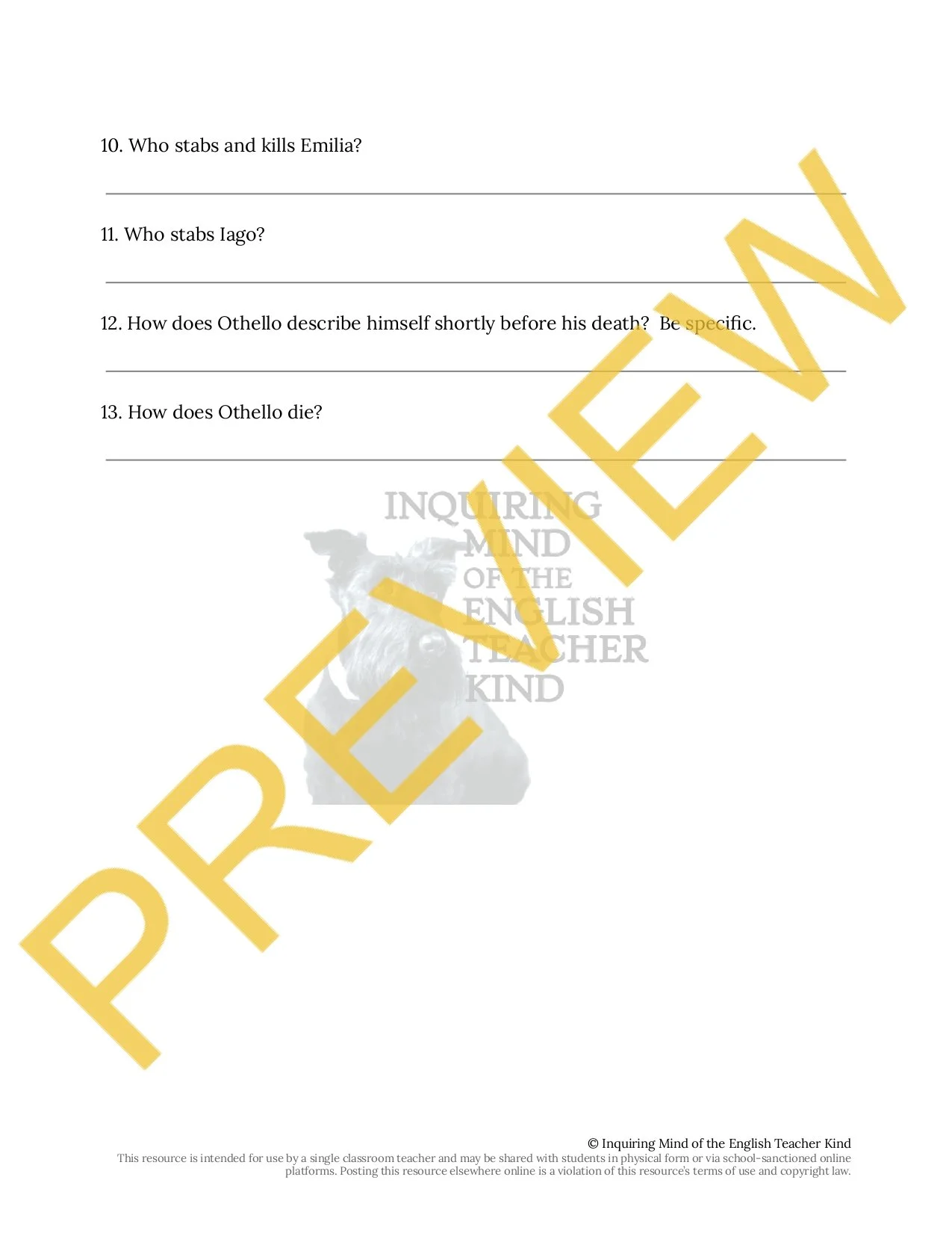 Othello Act 5 Quiz and Close Reading Worksheets Bundle by Inquiring ...