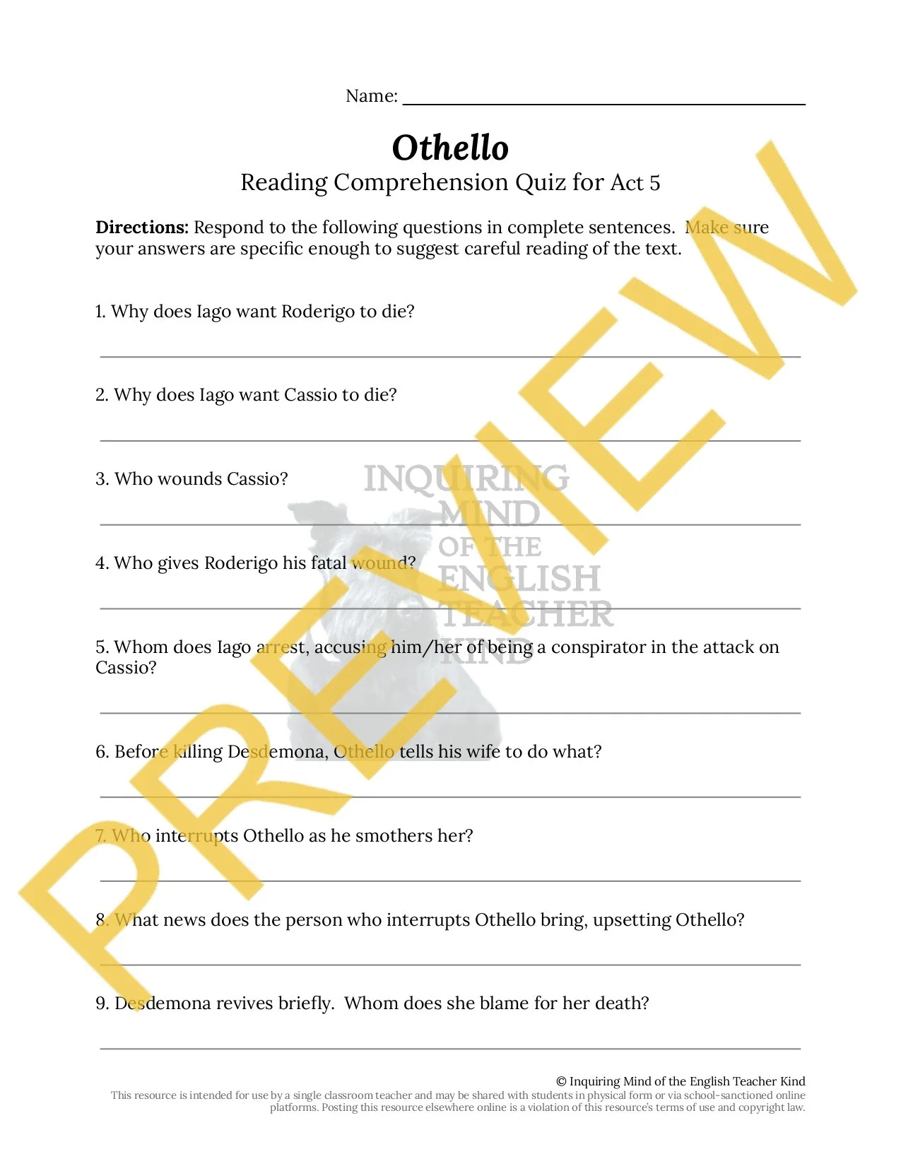 Othello Act 5 Quiz and Close Reading Worksheets Bundle by Inquiring ...