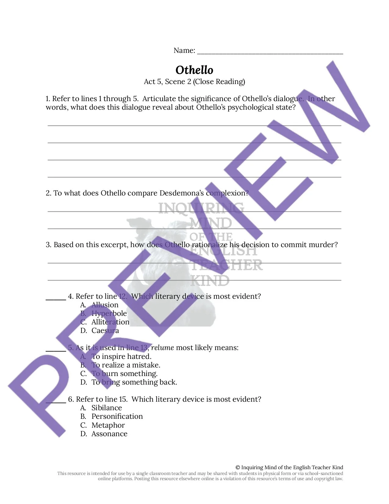 Othello Close Reading Analysis Worksheets Bundle by Inquiring Mind of ...