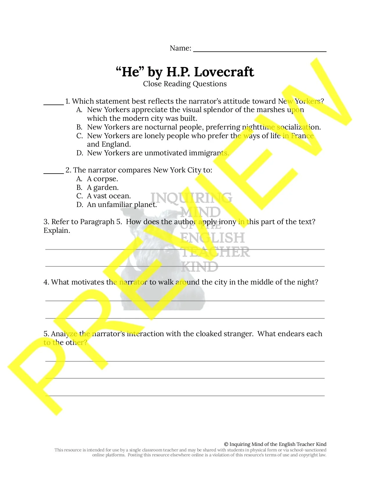 "The Terrible Old Man" by H.P. Lovecraft Quiz and Close Reading Bundle ...