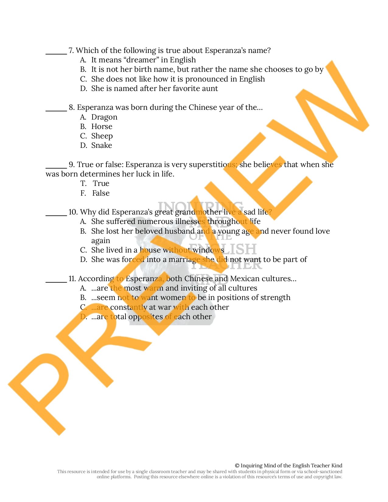 The House on Mango Street by Sandra Cisneros Quiz and Answer Key Bundle ...