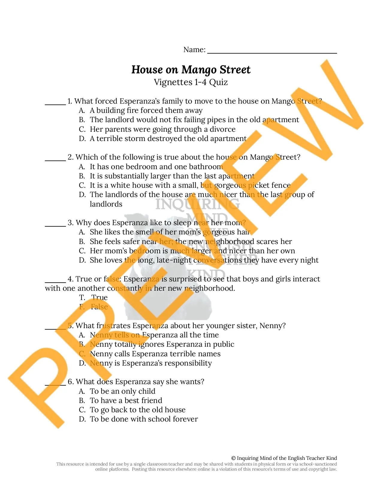The House on Mango Street by Sandra Cisneros Quiz and Answer Key Bundle ...