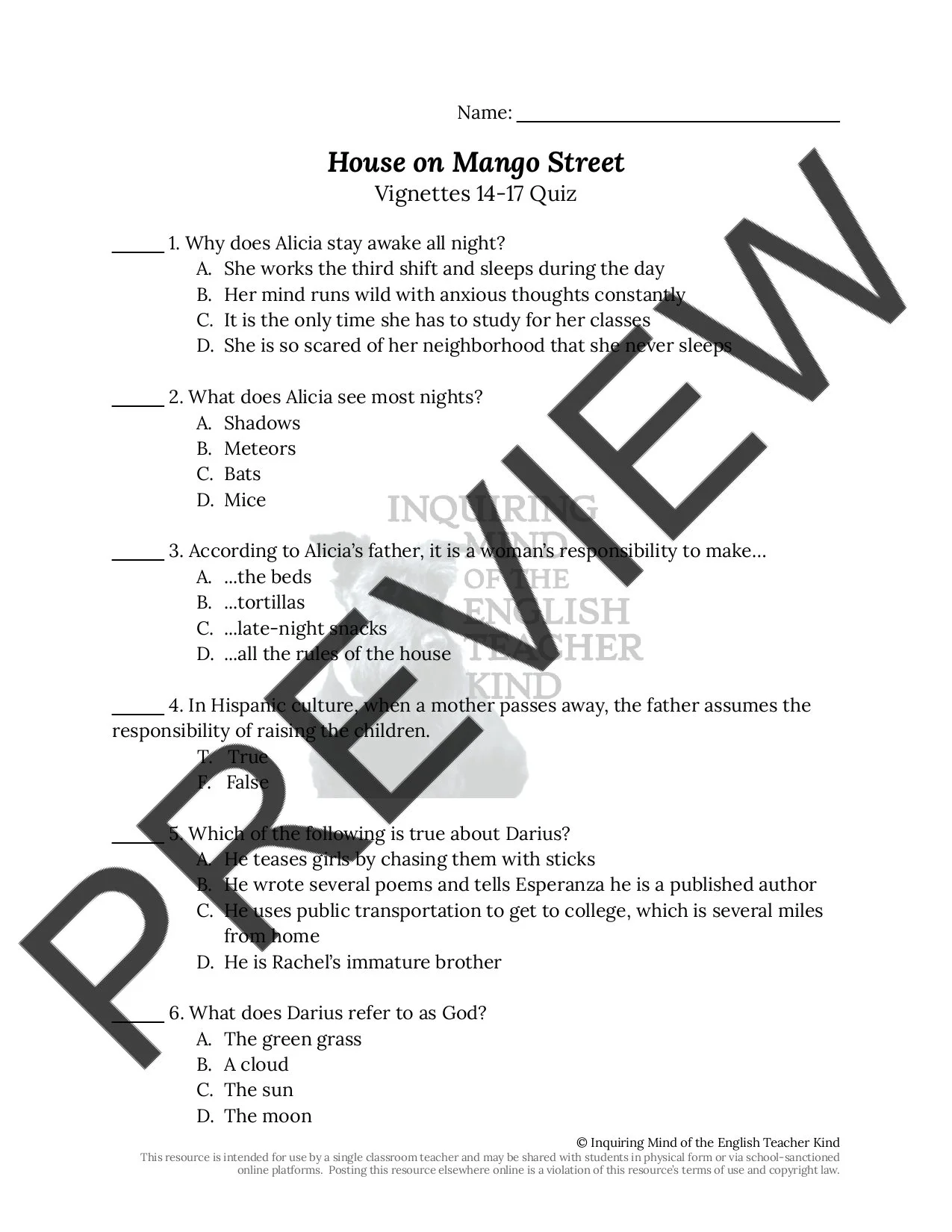 The House on Mango Street by Sandra Cisneros Quiz and Answer Key Bundle ...