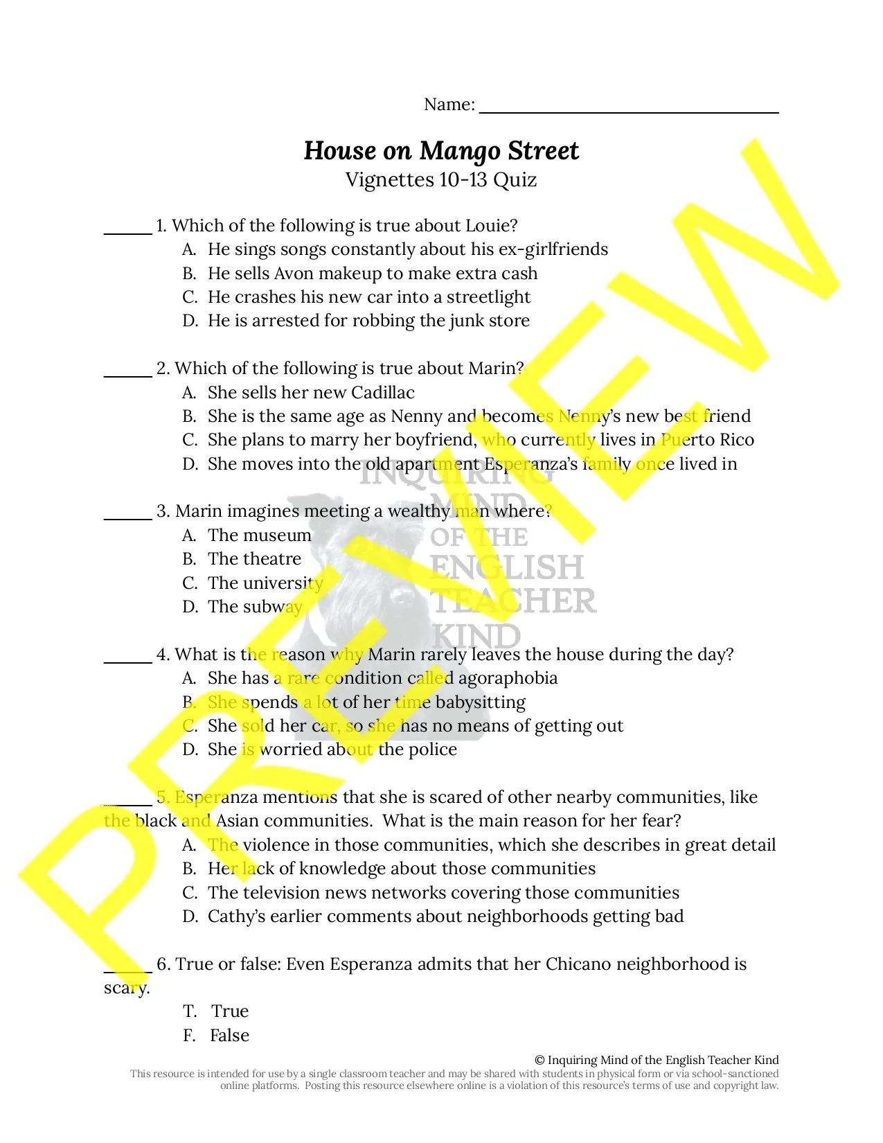 The House on Mango Street by Sandra Cisneros Quiz and Answer Key Bundle ...