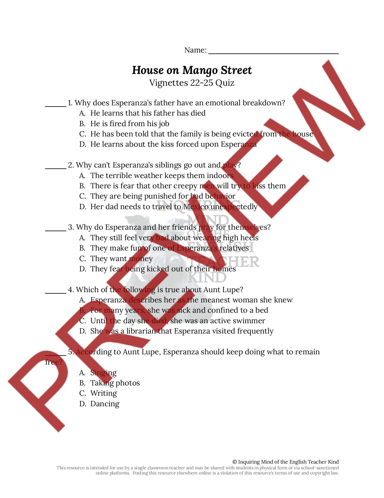 The House on Mango Street by Sandra Cisneros Quiz and Answer Key Bundle ...