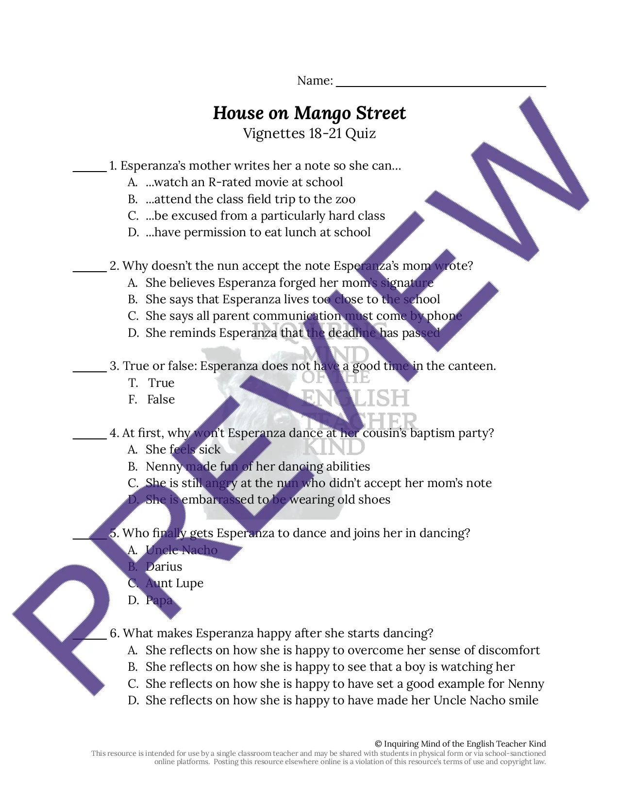 The House on Mango Street by Sandra Cisneros Quiz and Answer Key Bundle ...