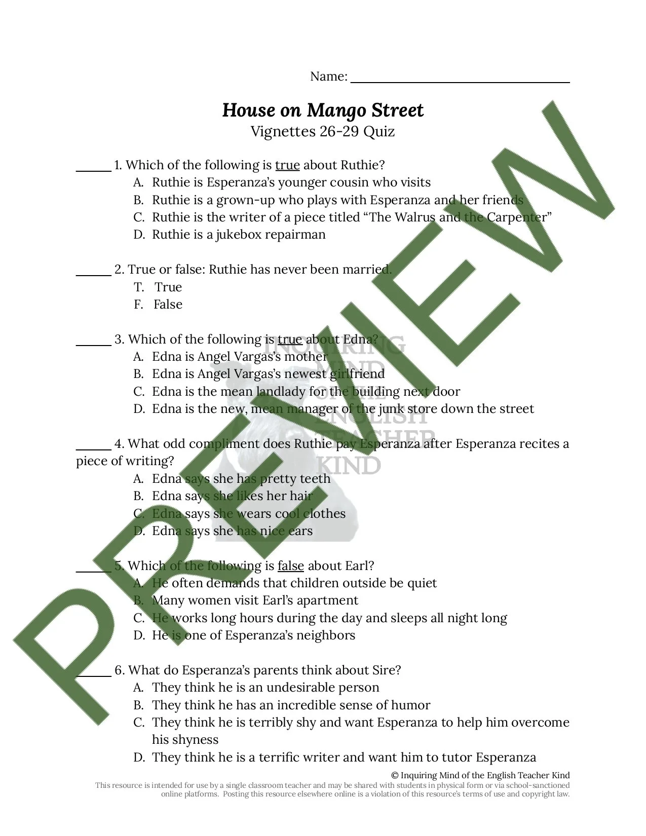 The House on Mango Street by Sandra Cisneros Quiz and Answer Key Bundle ...