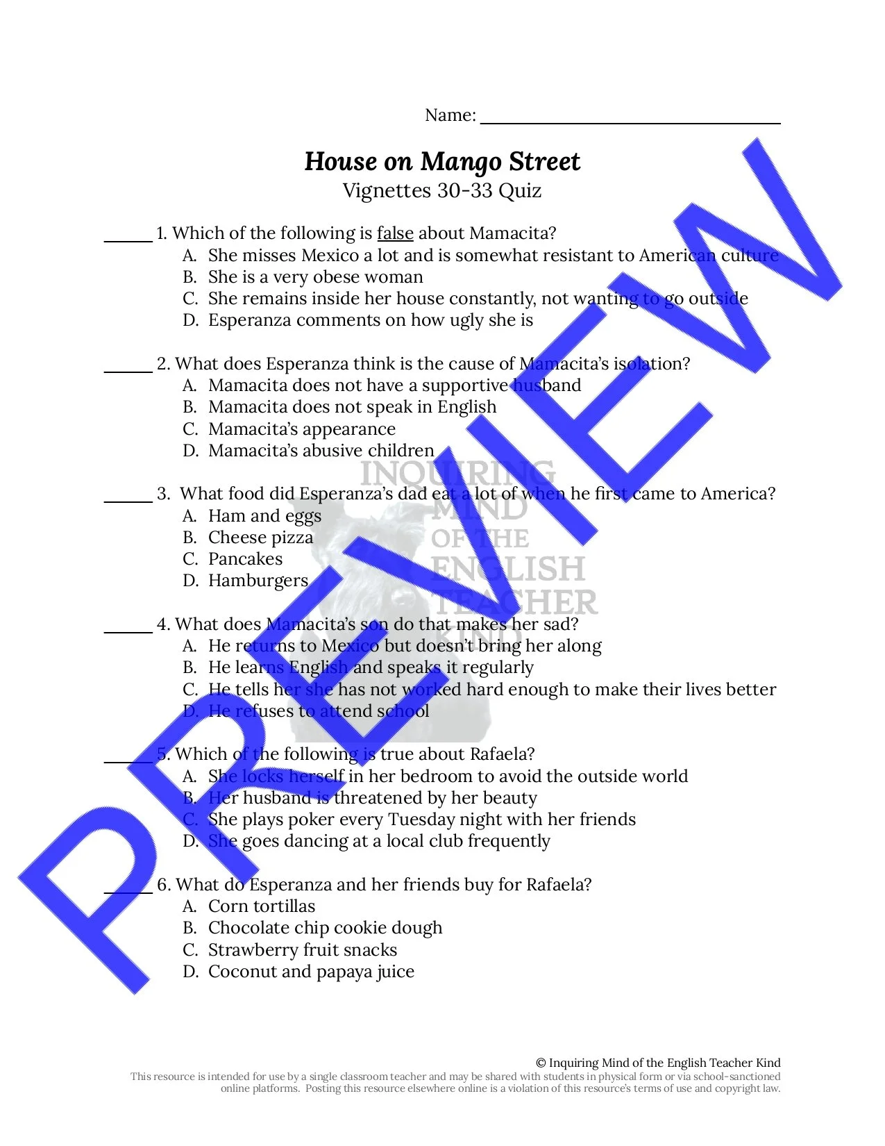 The House on Mango Street by Sandra Cisneros Quiz and Answer Key Bundle ...